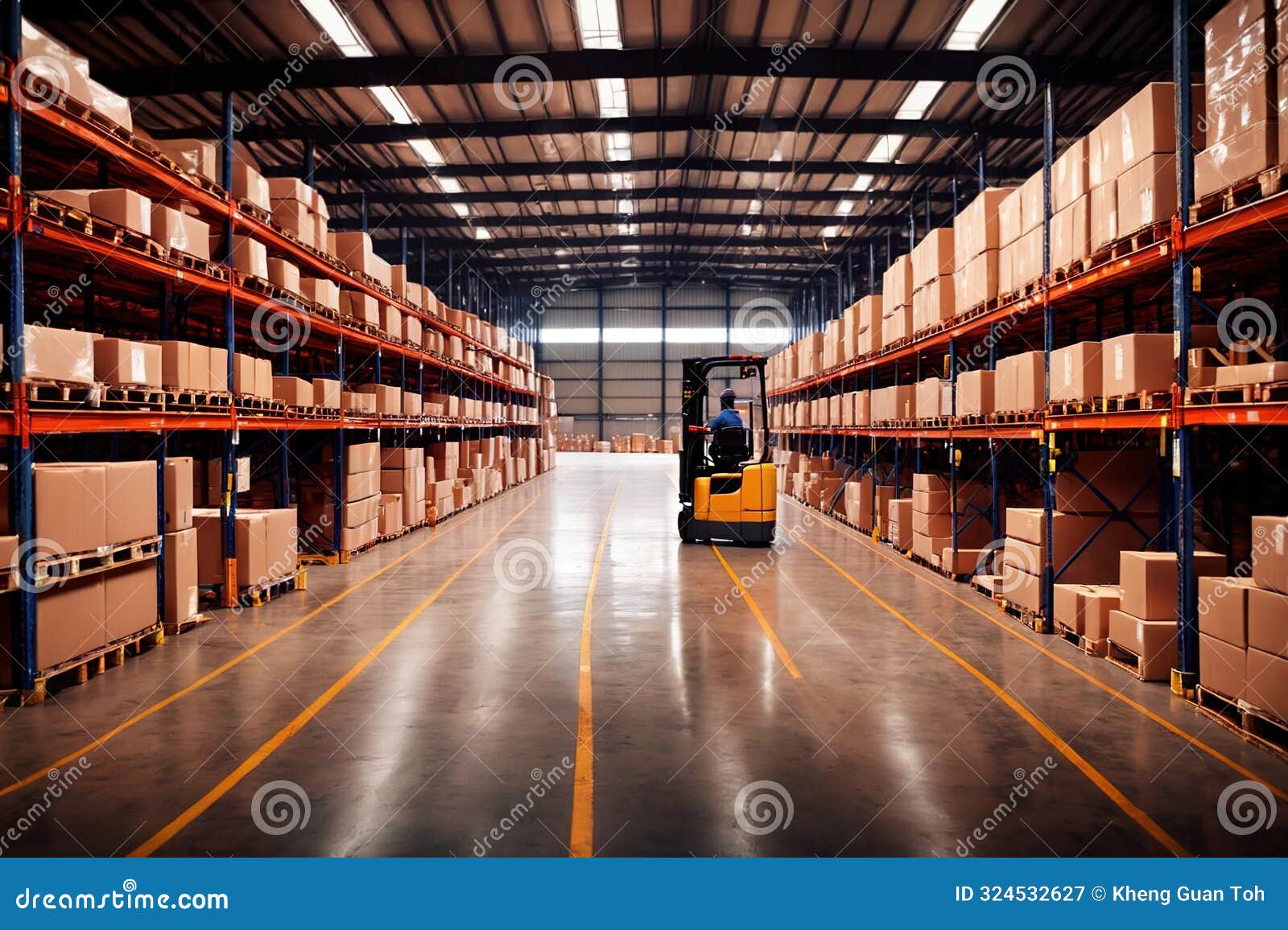 Huge Distribution Warehouse with High Shelves and Loaders. Stock ...