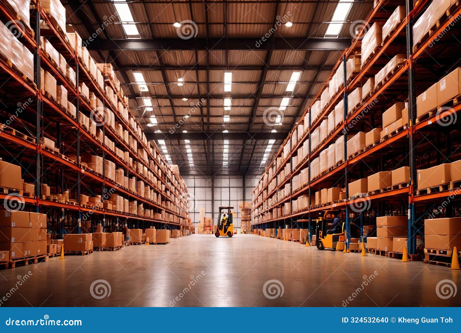 Huge Distribution Warehouse with High Shelves and Loaders. Stock ...