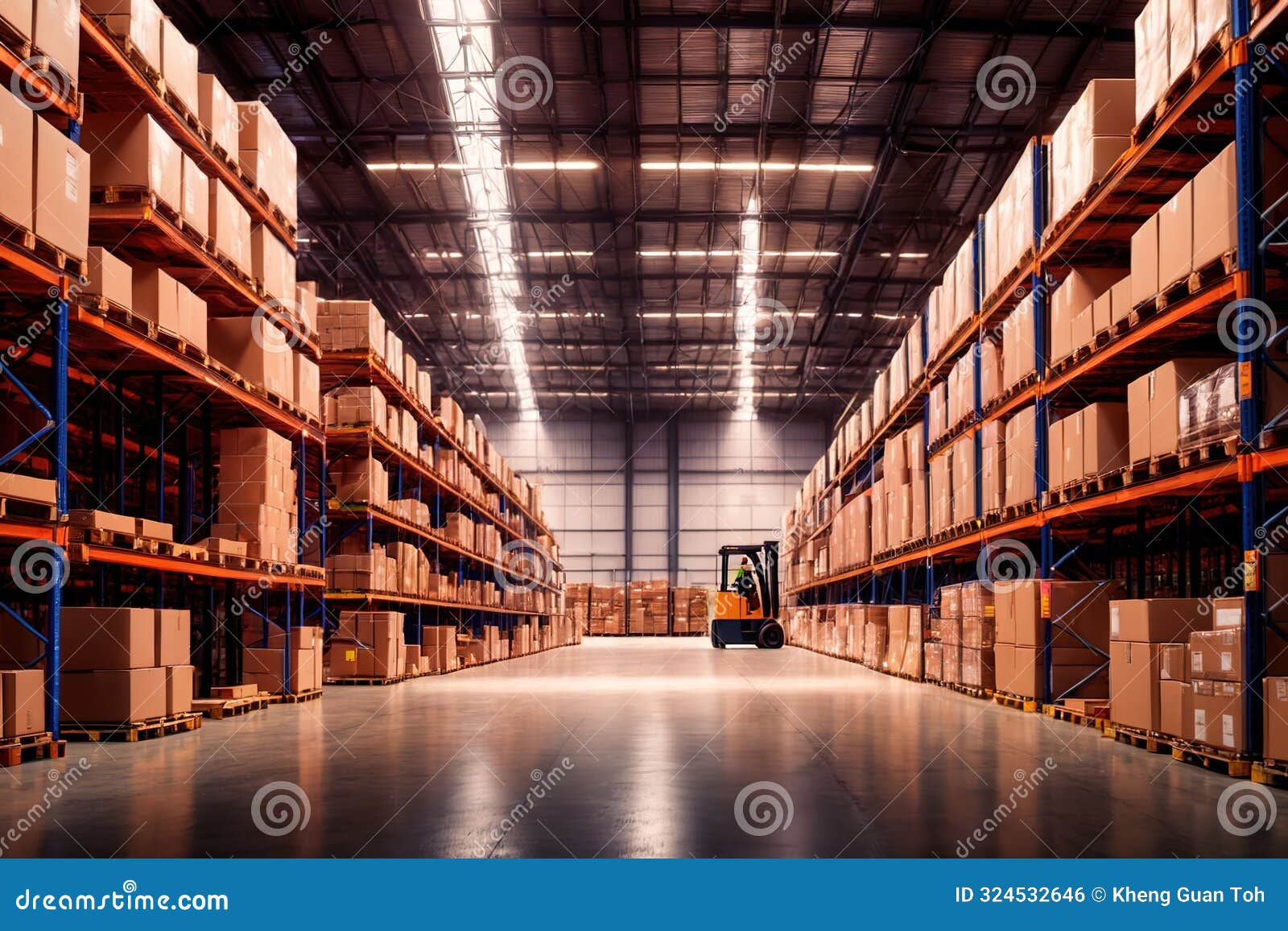 Huge Distribution Warehouse with High Shelves and Loaders. Stock ...