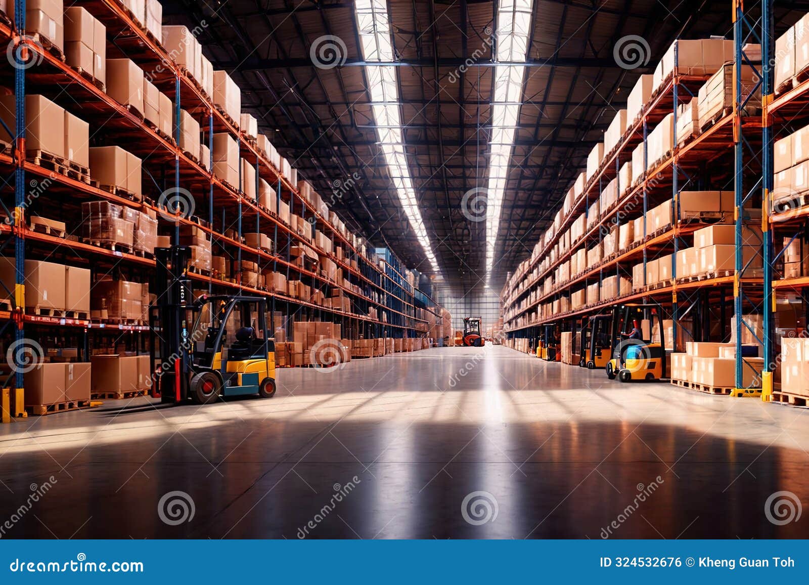Huge Distribution Warehouse with High Shelves and Loaders. Stock ...