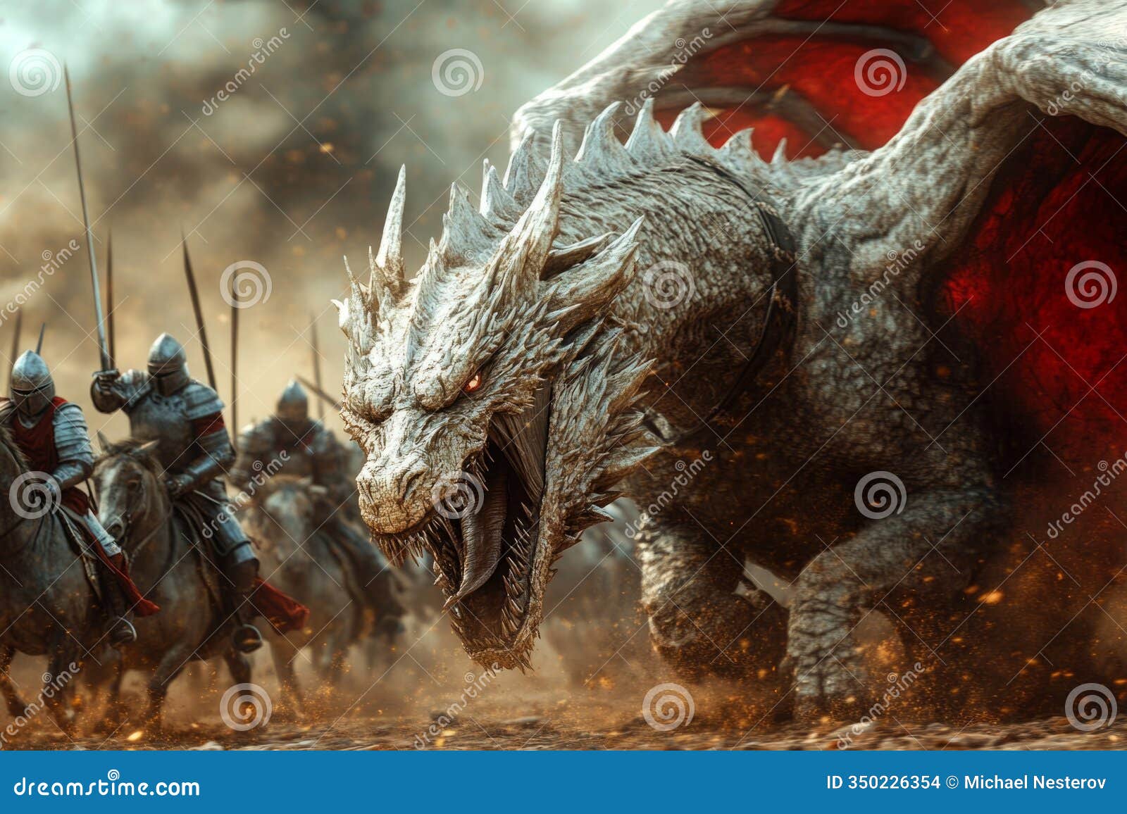 Huge Dragon Attacking Medieval Knights on Horseback during Battle Stock ...