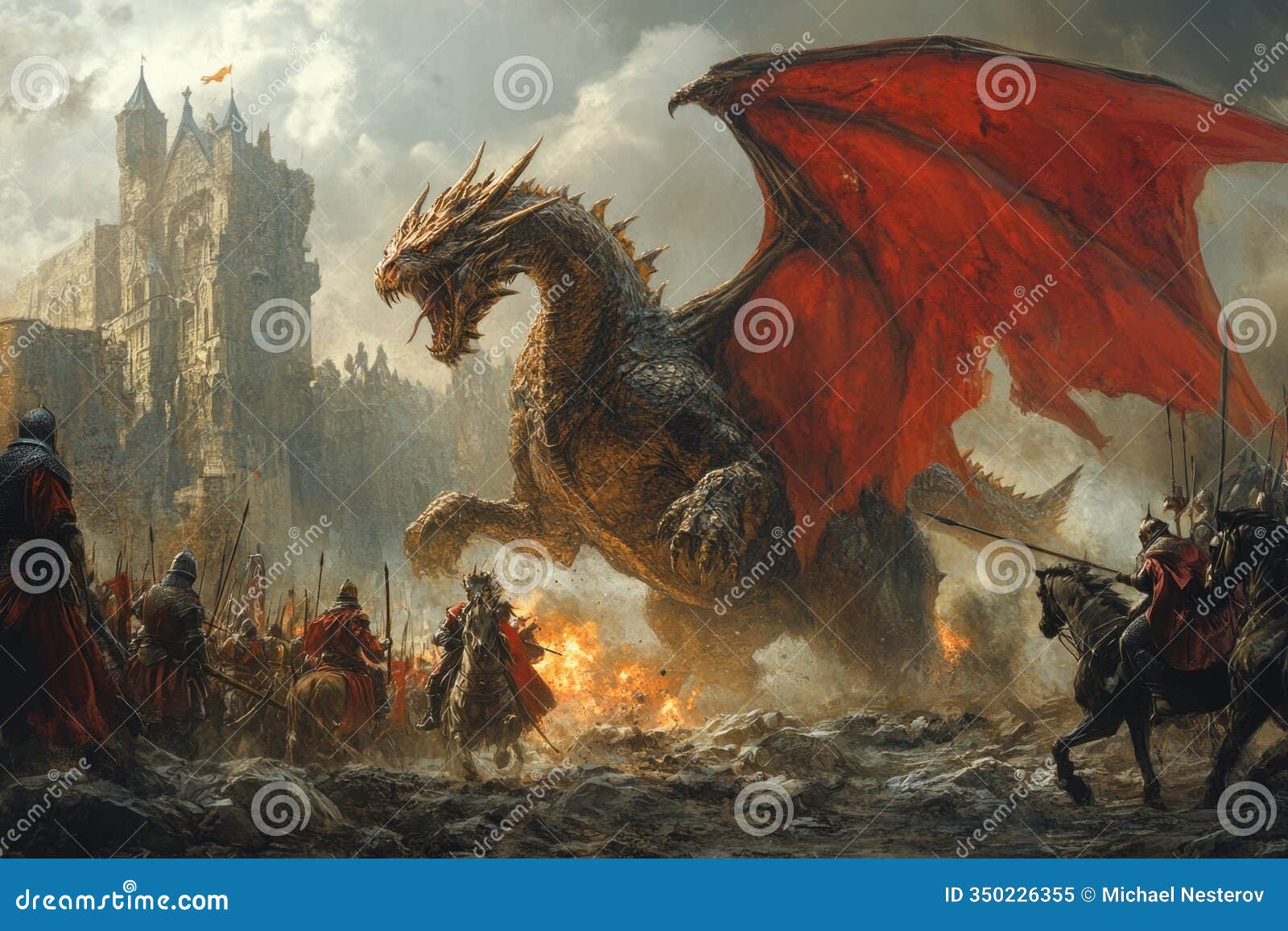 Huge Dragon Attacking Medieval Knights on Horseback during Battle Stock ...
