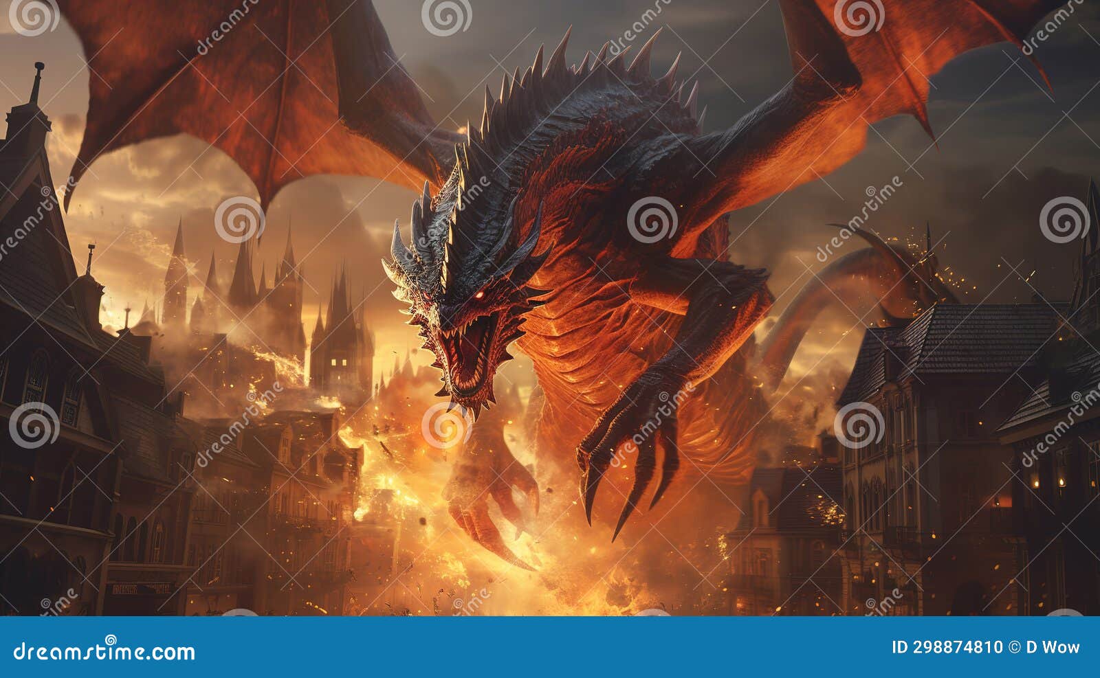 A Huge Dragon Destroyed the City with a Fiery Flame. Stock Photo ...