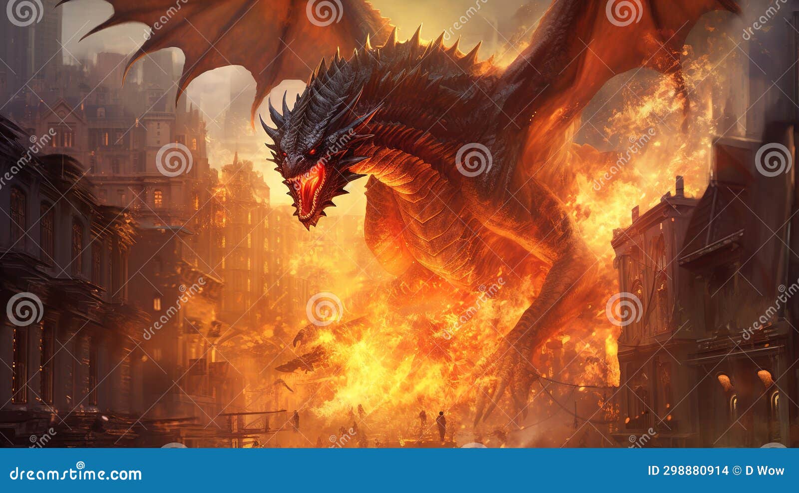 A Huge Dragon Destroyed the City with a Fiery Flame. Stock Illustration ...