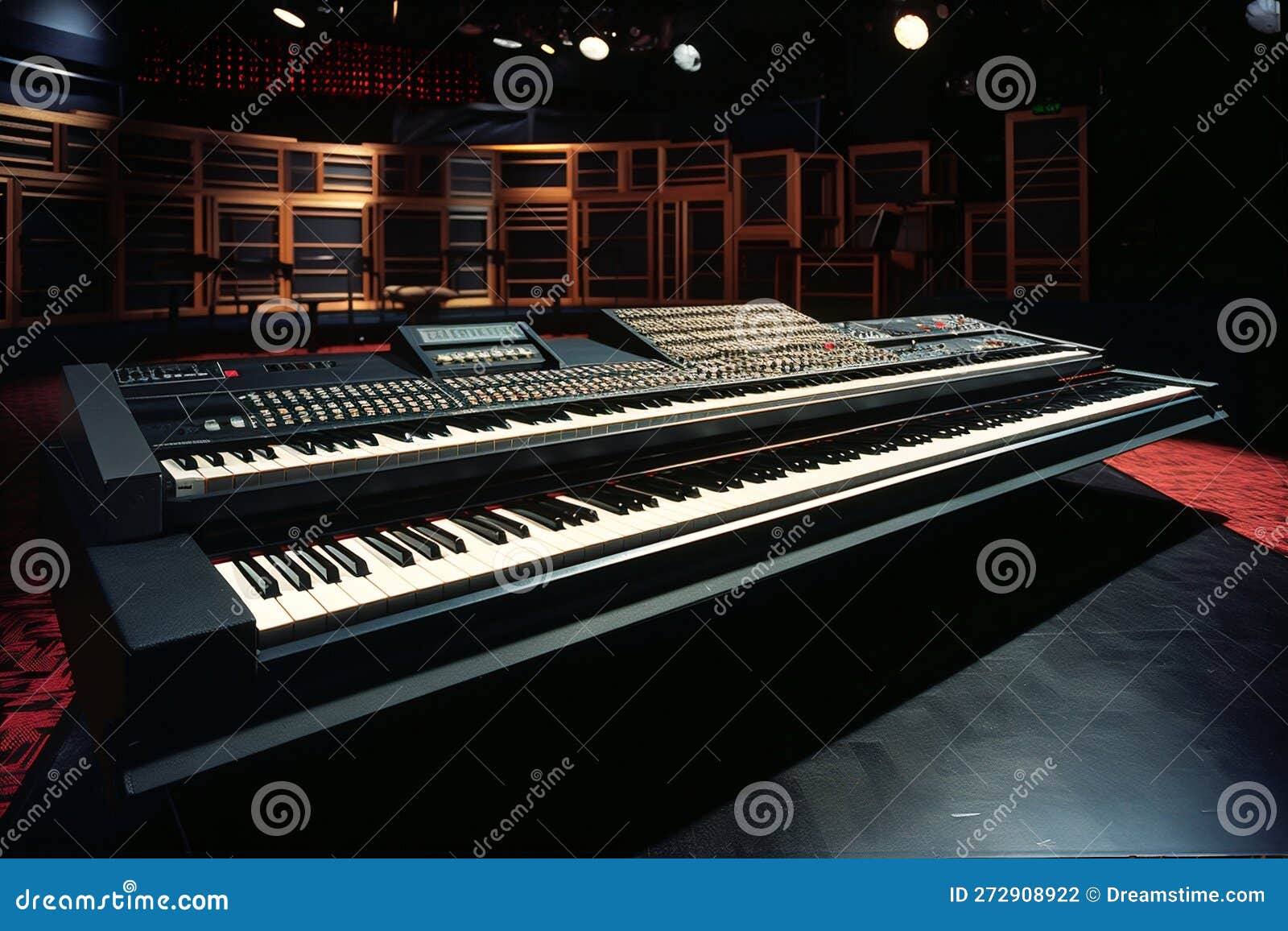 Huge Electronic Keyboard and Synthesizer Set on Stage. Generative AI ...
