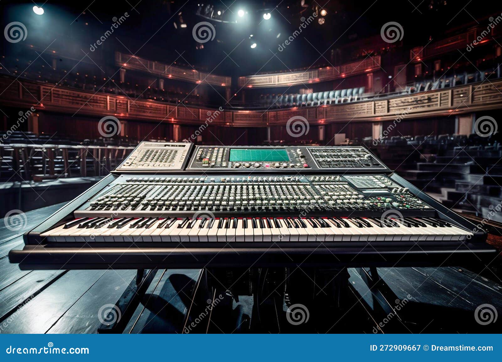 Huge Electronic Keyboard and Synthesizer Set on Stage. Generative AI ...