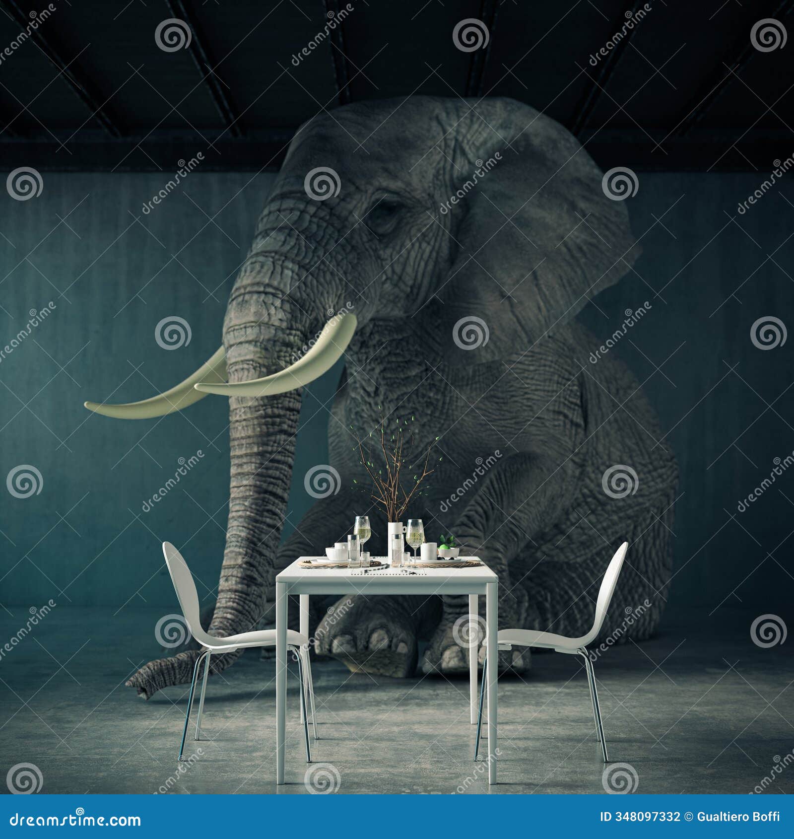Huge Elephant Sitting at Dinner Table in Dark Room Stock Illustration ...