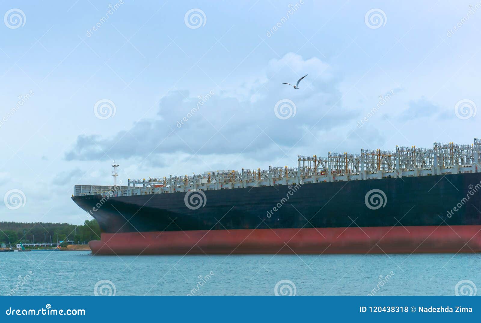 Blue Cargo Ship on Water, Huge Empty Container Ship Stock Photo - Image ...