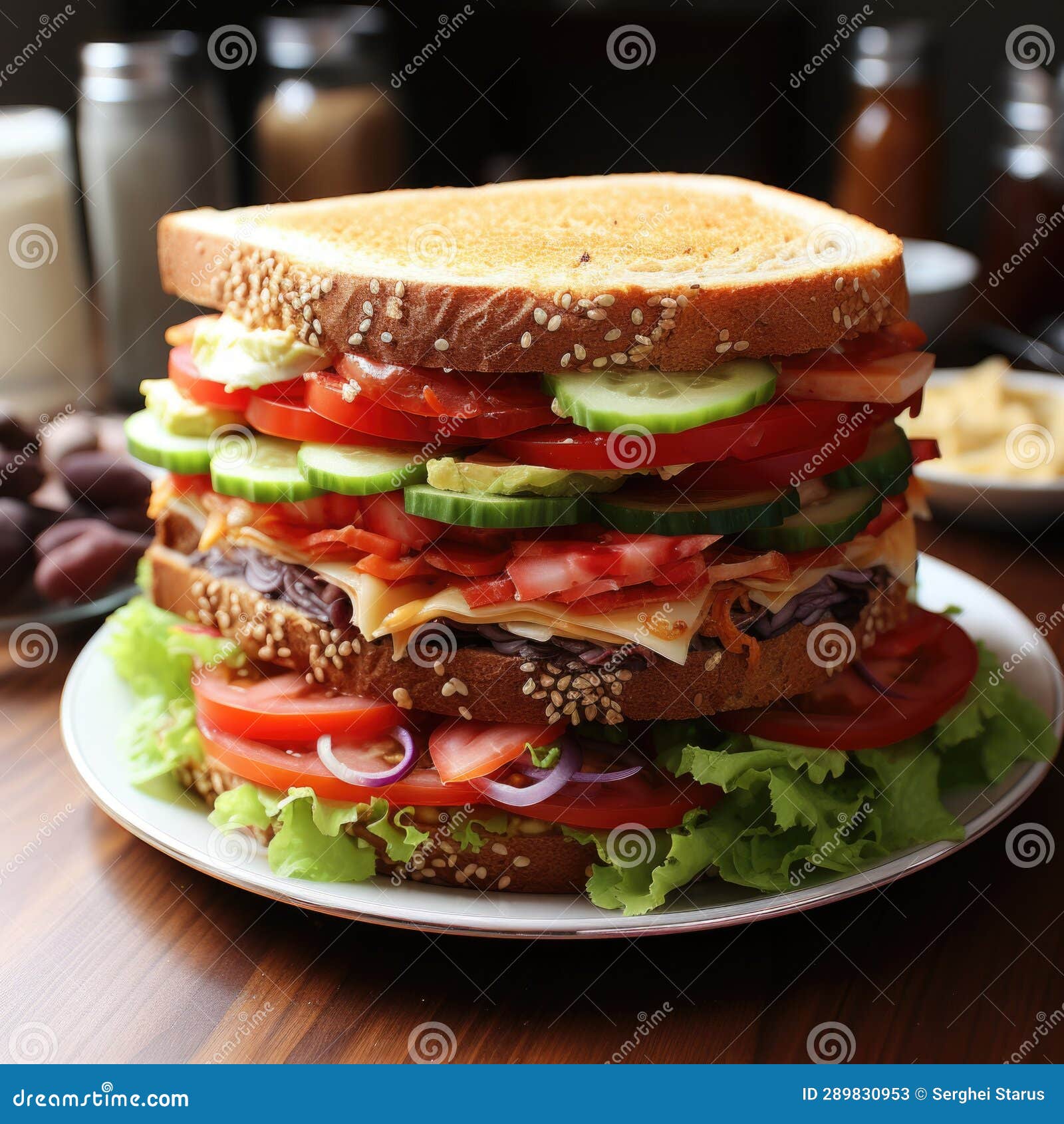 A Huge Enormous Sandwich on a Plate, AI Stock Image - Image of burger ...