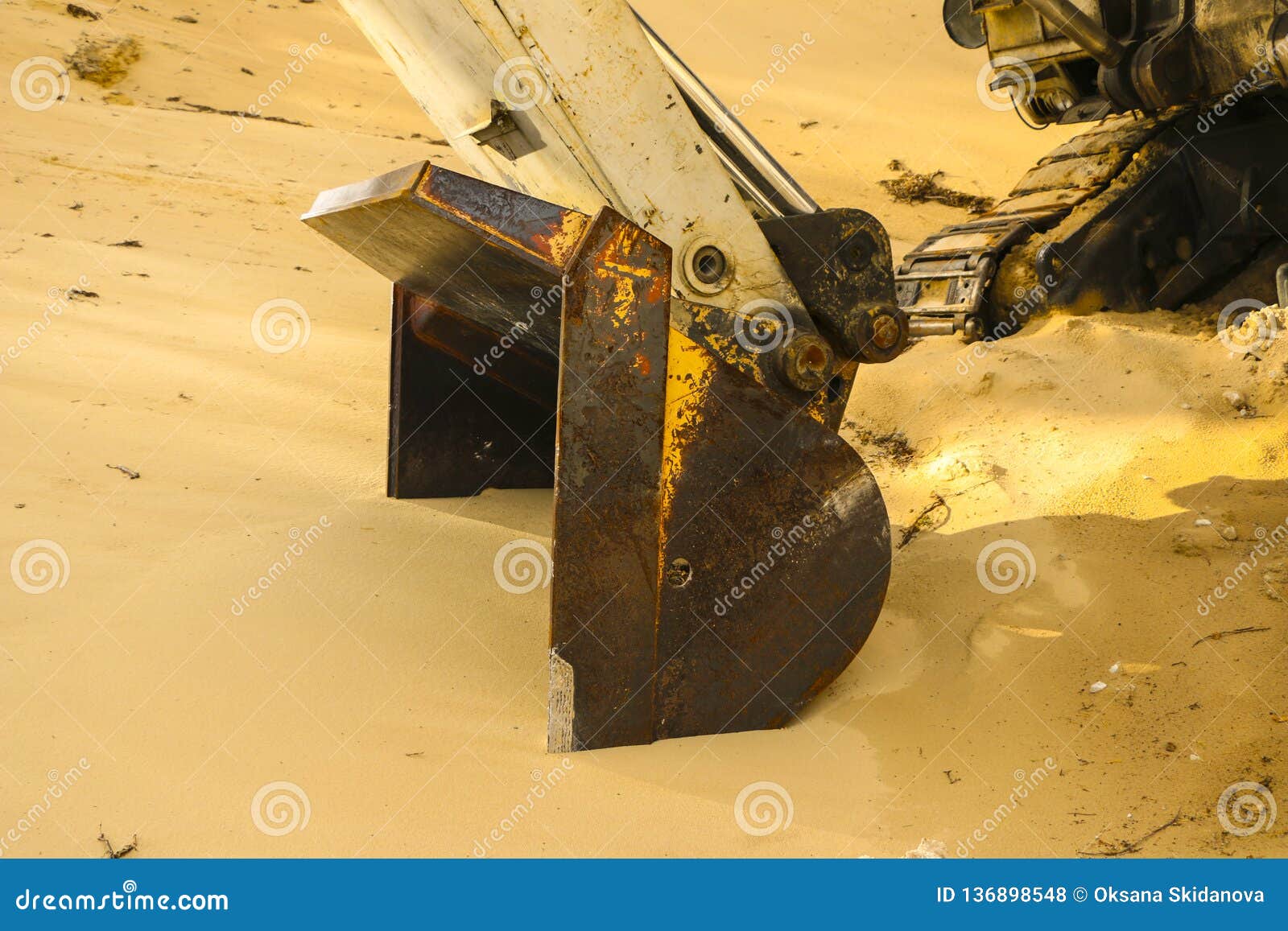 Huge Excavator Bucket Digs Sand in Sand Quarry Mining Stock Photo ...