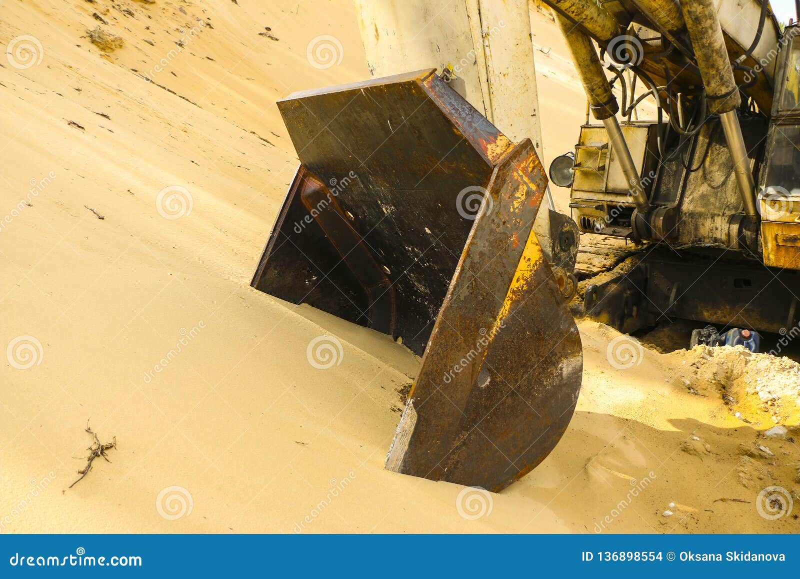 Huge Excavator Bucket Digs Sand in Sand Quarry Mining Stock Photo ...