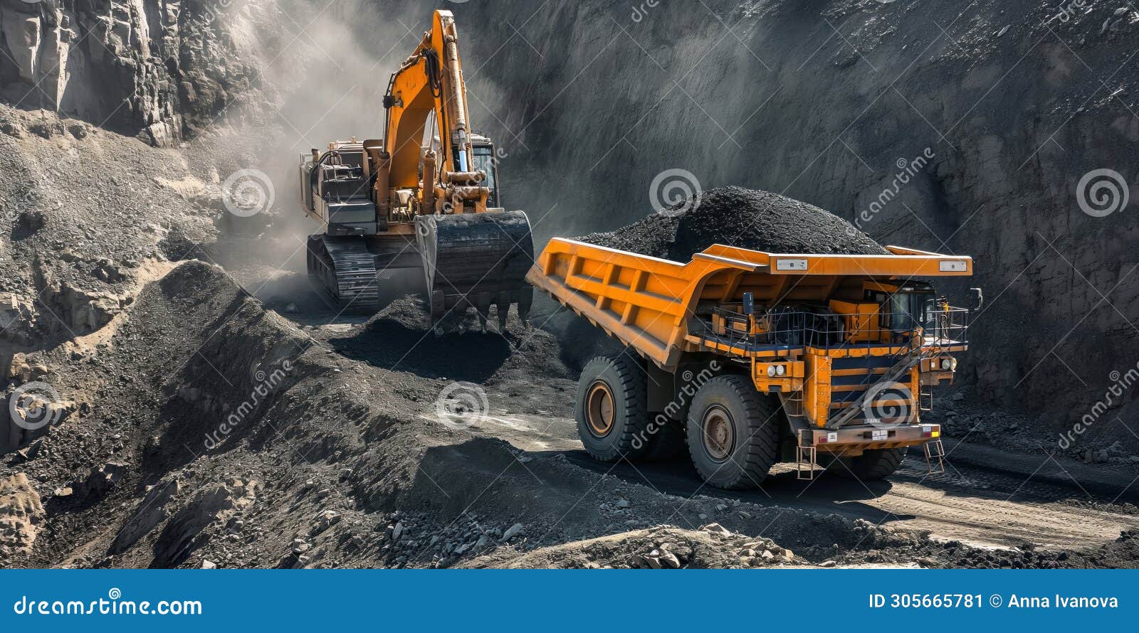 Huge Excavator Loads Coal into the Back of a Heavy Mining Dump Truck ...