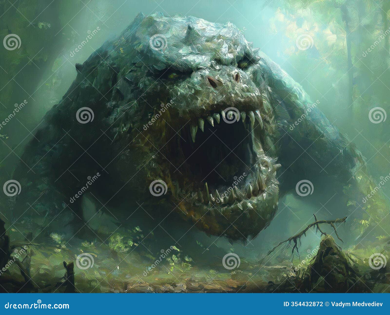 Huge Ferocious Mythical Creature Roars in Dense Forest. Wild Beast ...