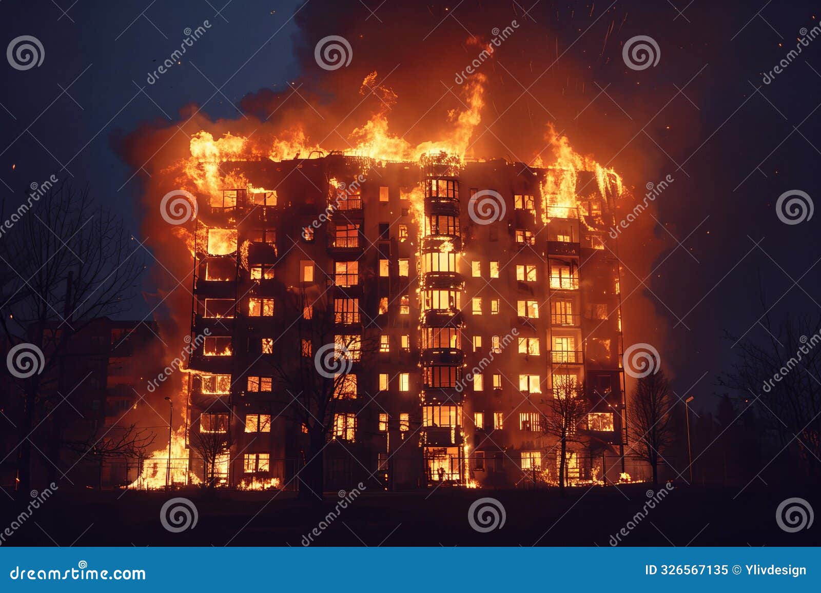 Massive Fire Engulfing Apartment Building at Night Stock Image - Image ...