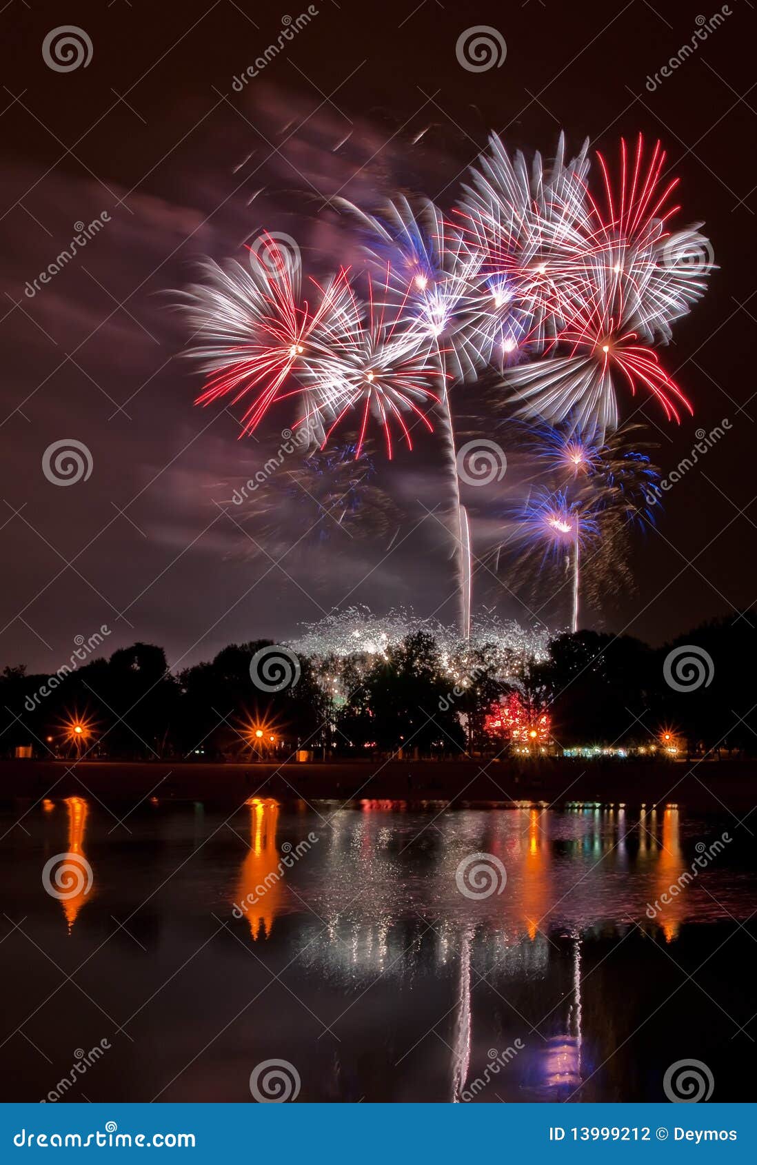 Huge Fireworks with Reflection in the Lake Stock Photo - Image of july ...
