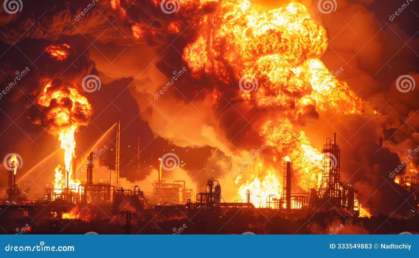 Massive Industrial Fire with Explosions at Refinery Stock Image - Image ...