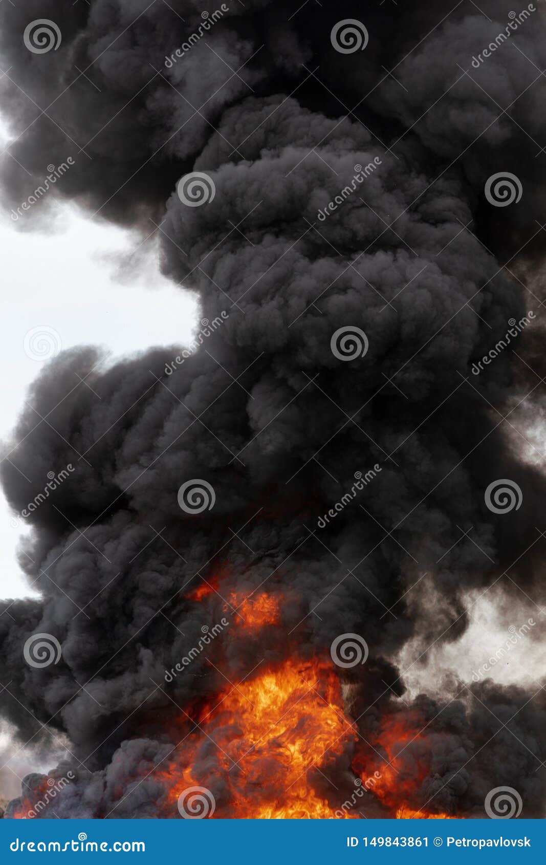 Huge Flames of Red Fire and Motion Clouds of Black Smoke Covered Sky ...