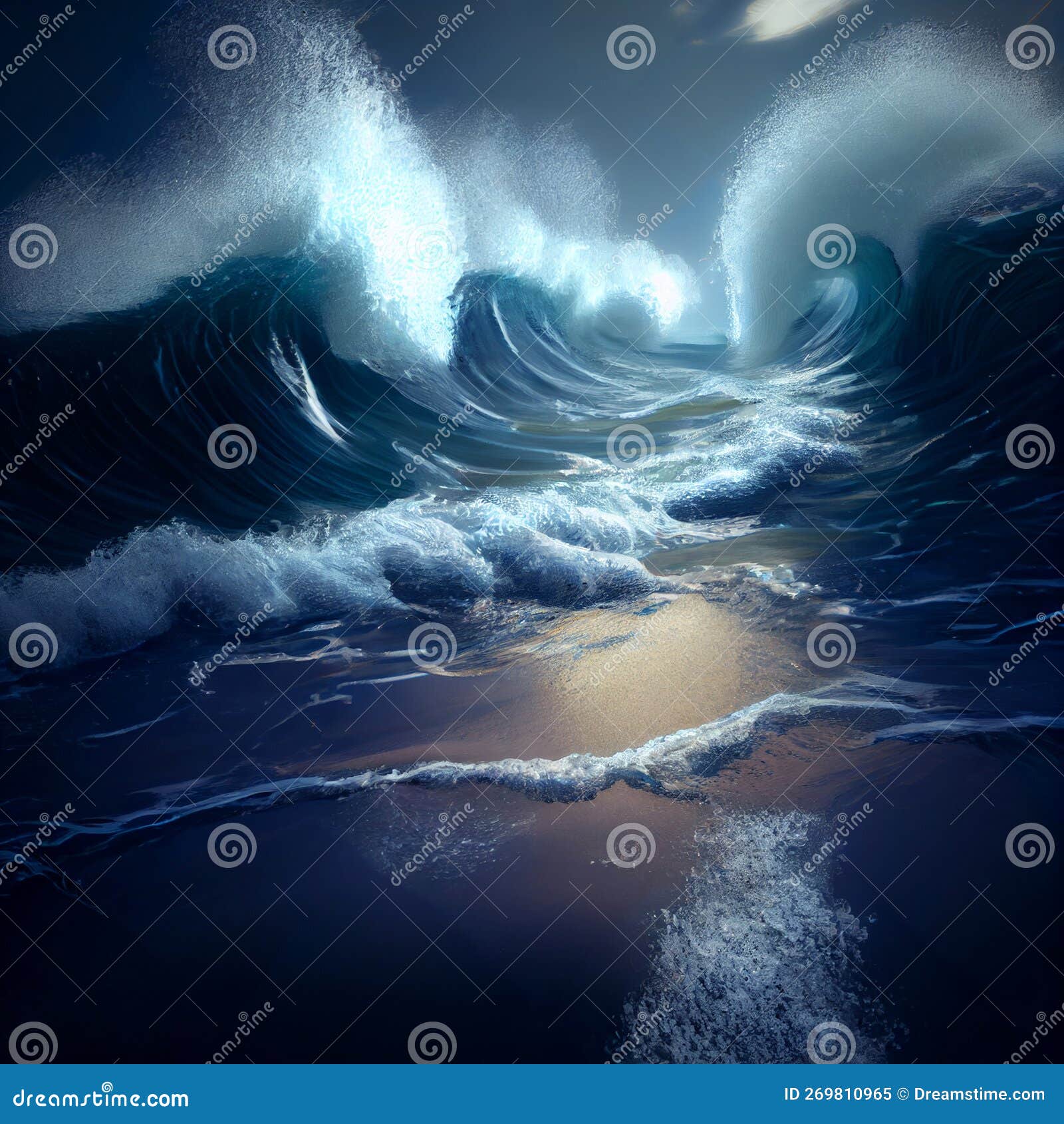 Huge Foamy Ocean Waves, Dramatic Light Stock Illustration ...