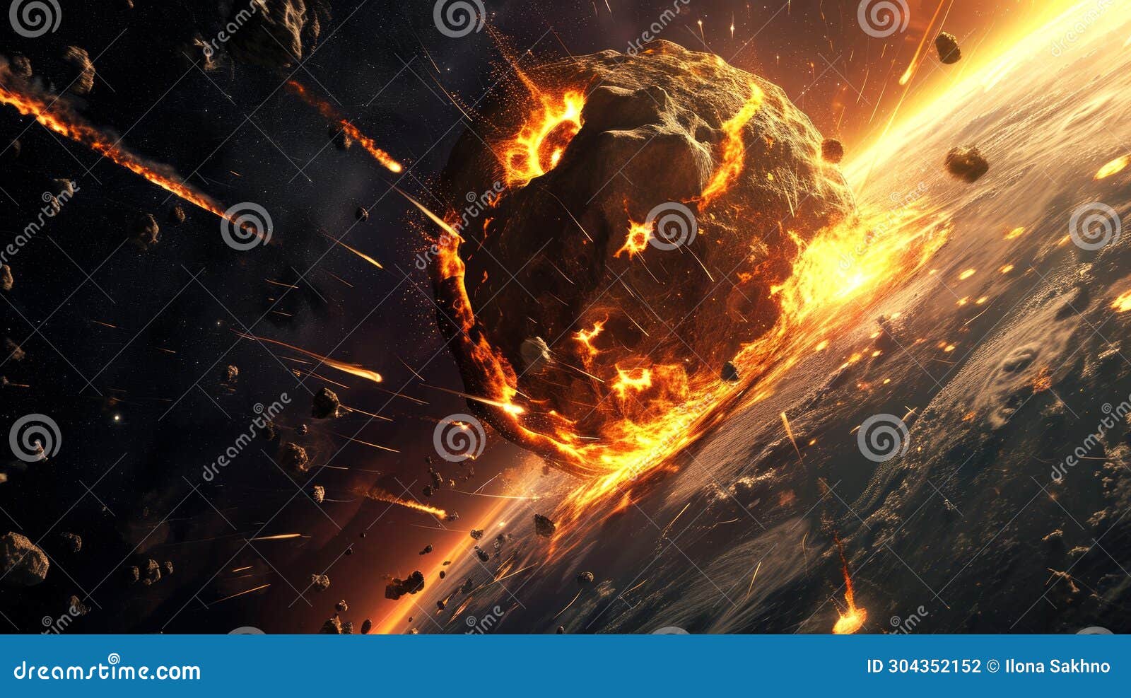 A Huge Gigantic Burning Asteroid in Space Flyng Towards the Planet ...