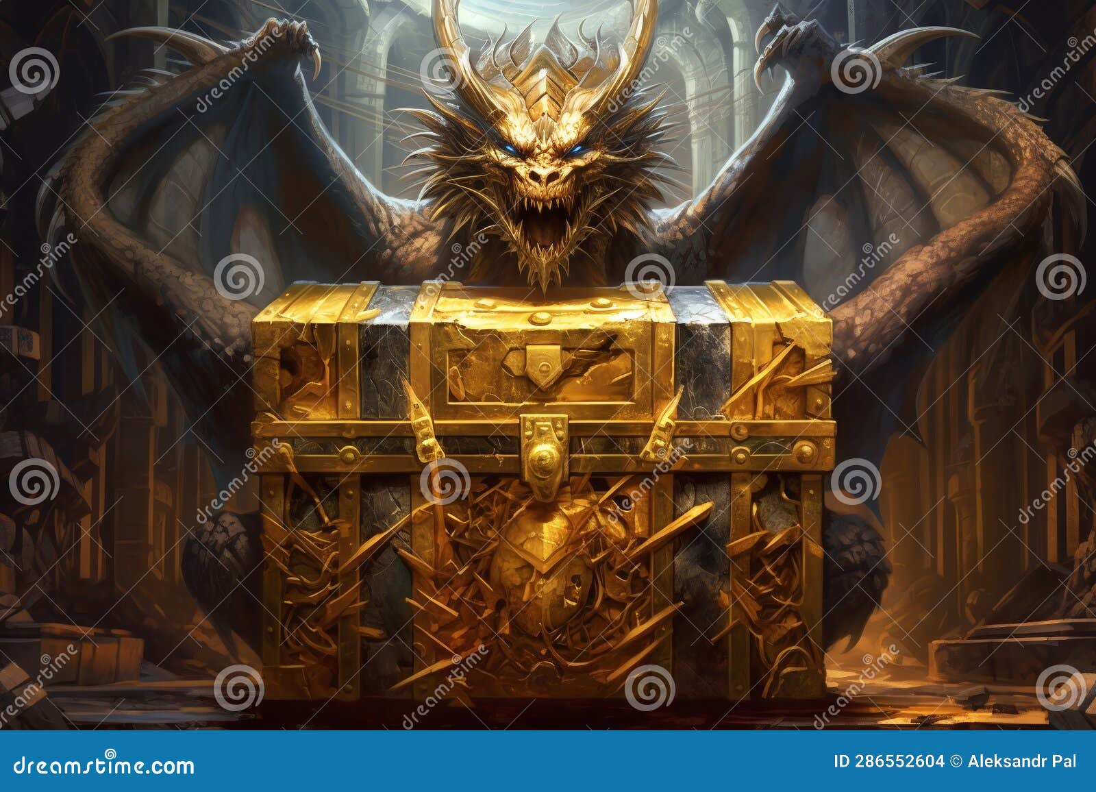 A Huge Golden Chest and a Dragon. Ai Generative Stock Illustration ...