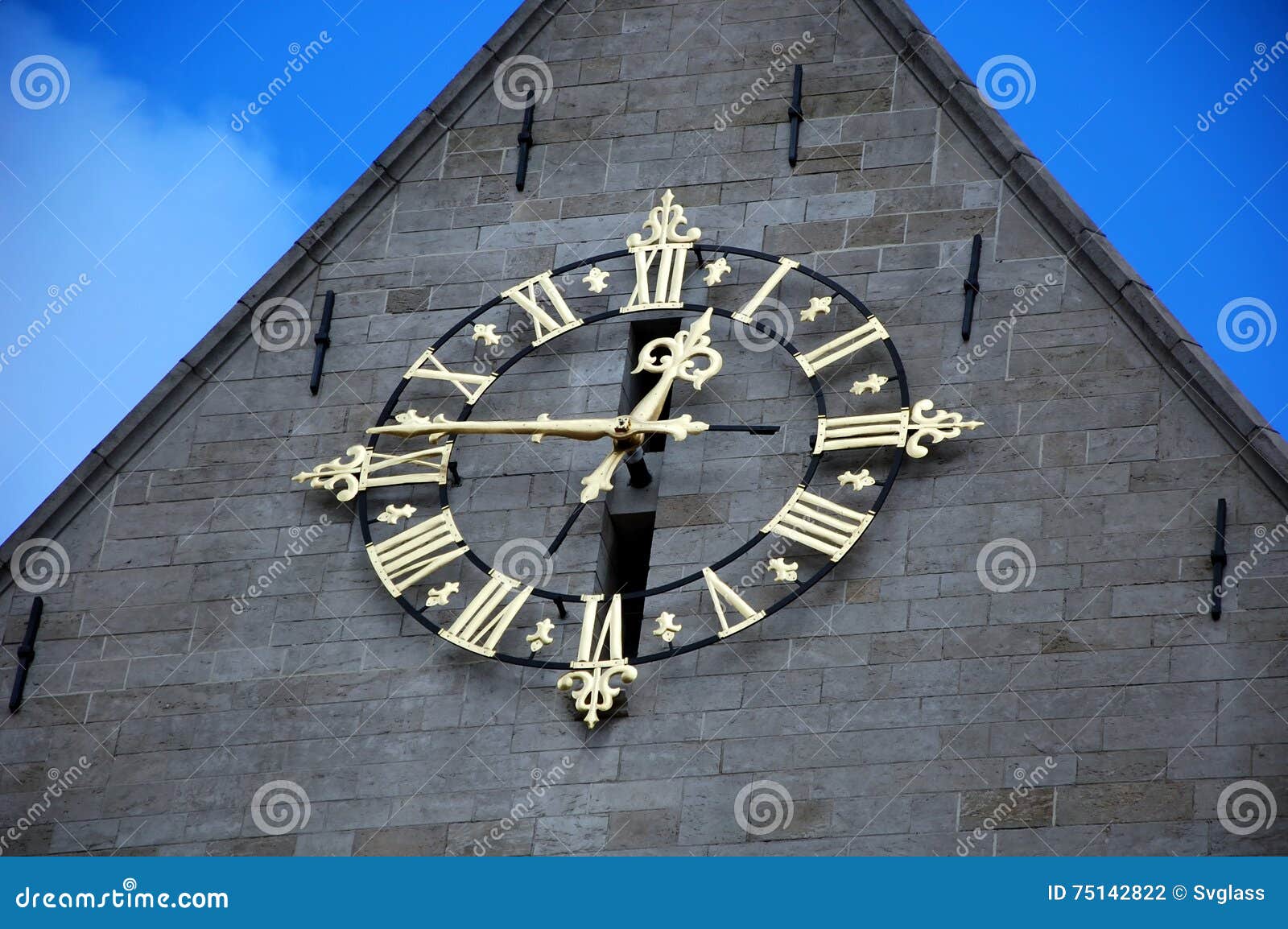 Huge golden clock stock photo. Image of wall, blue, architecture - 75142822