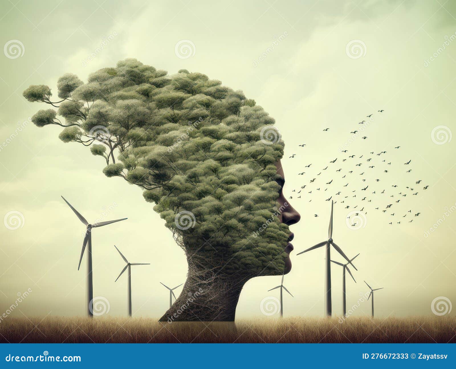 Huge Human Head and Wind Power Stations. Ecological Concept Stock ...
