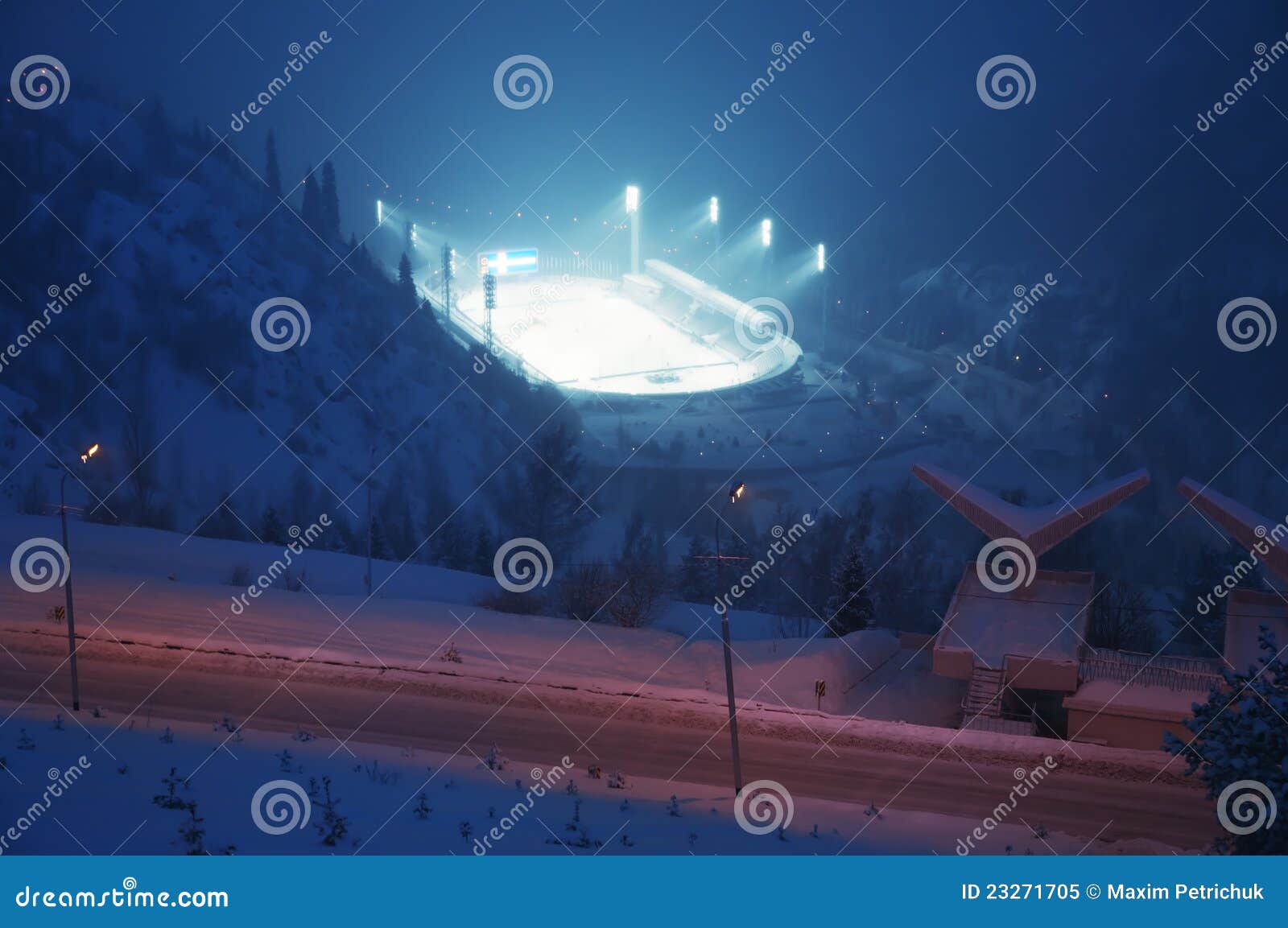 Huge Ice Skating Rink in Thick Fog at Sunset Stock Image - Image of ...