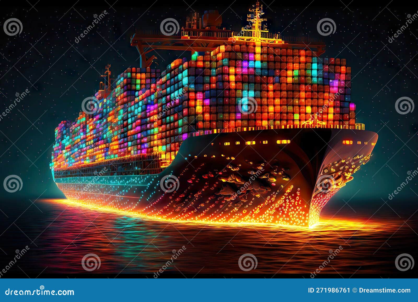 Huge Illuminated Cargo Ship with Rows of Containers on Board Sails To ...