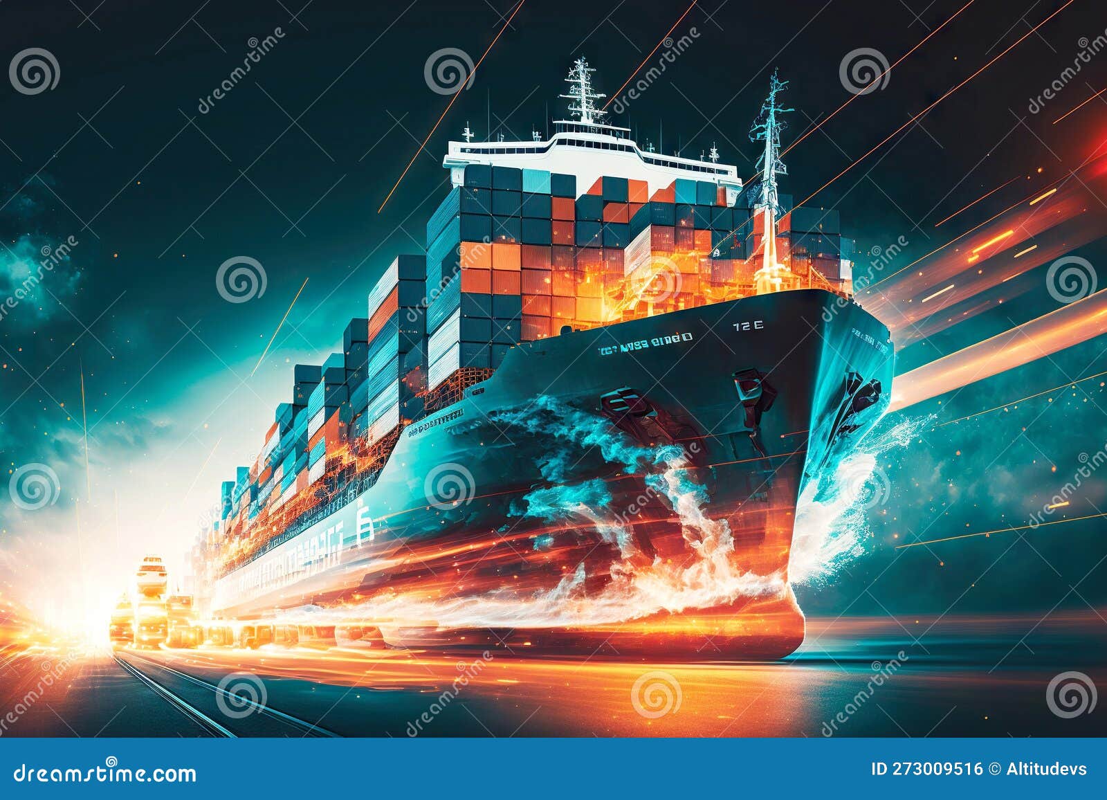 Huge Illuminated Cargo Ship with Rows of Containers on Board Sails To ...