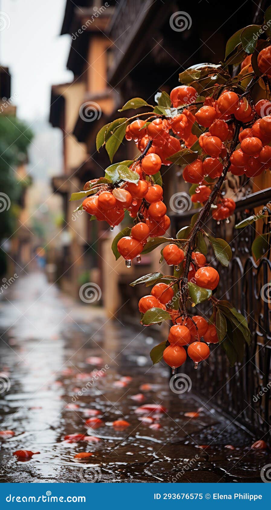 A Huge Lemon Tree in the Corner of the Old Village, Rainy Weather. AI ...