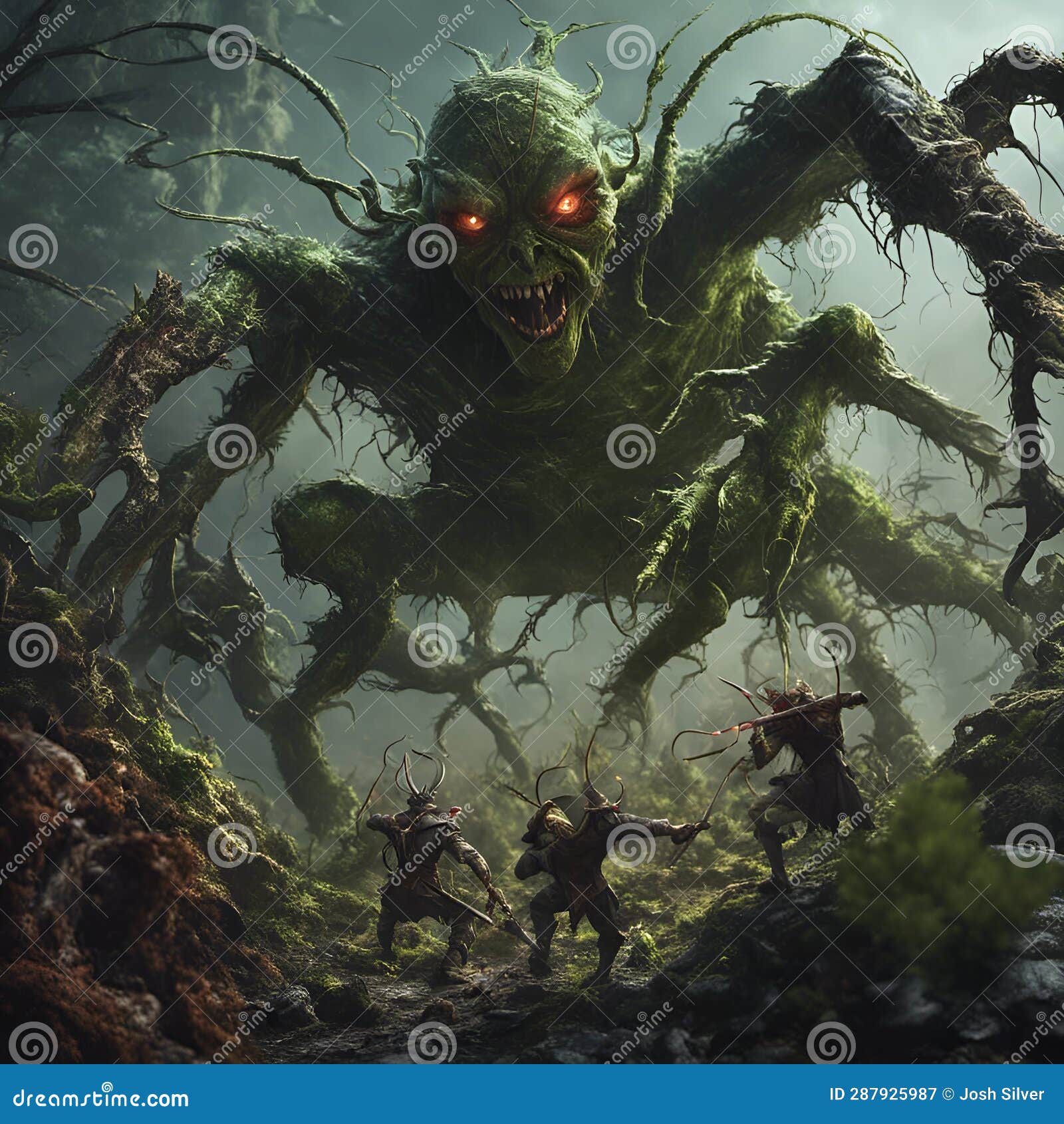 Tree Monster Attacking Three People Stock Illustration - Illustration ...