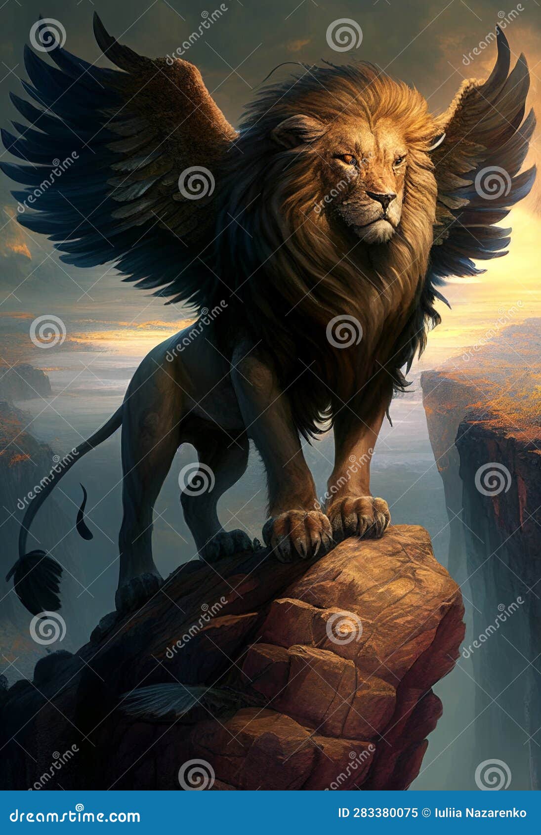 A Huge Mystical Lion with Wings Stands on the Edge of a Cliff. AI ...