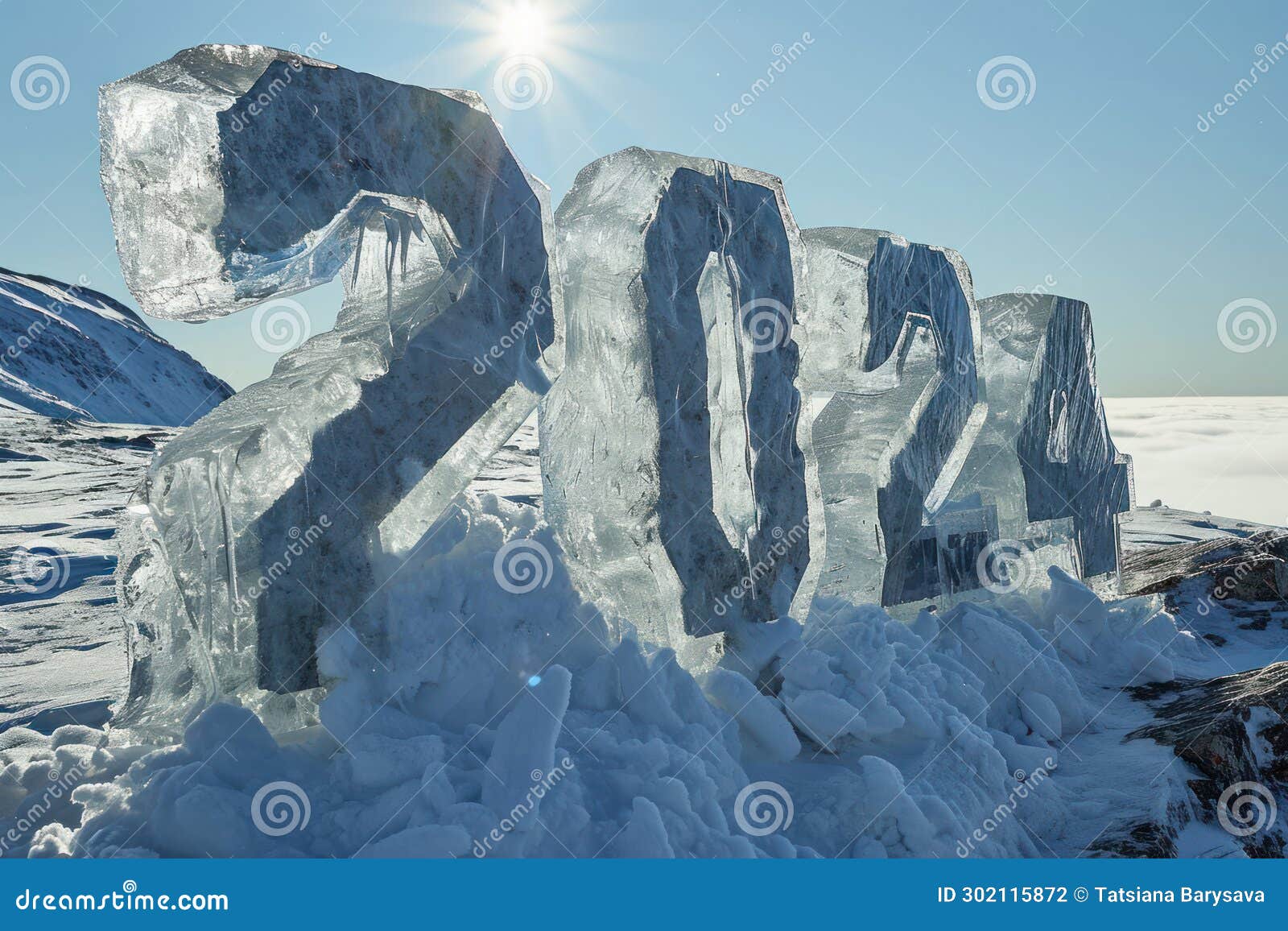 Huge Number 2024 from Ice on the Beautiful Mountines View with Blue Sky ...