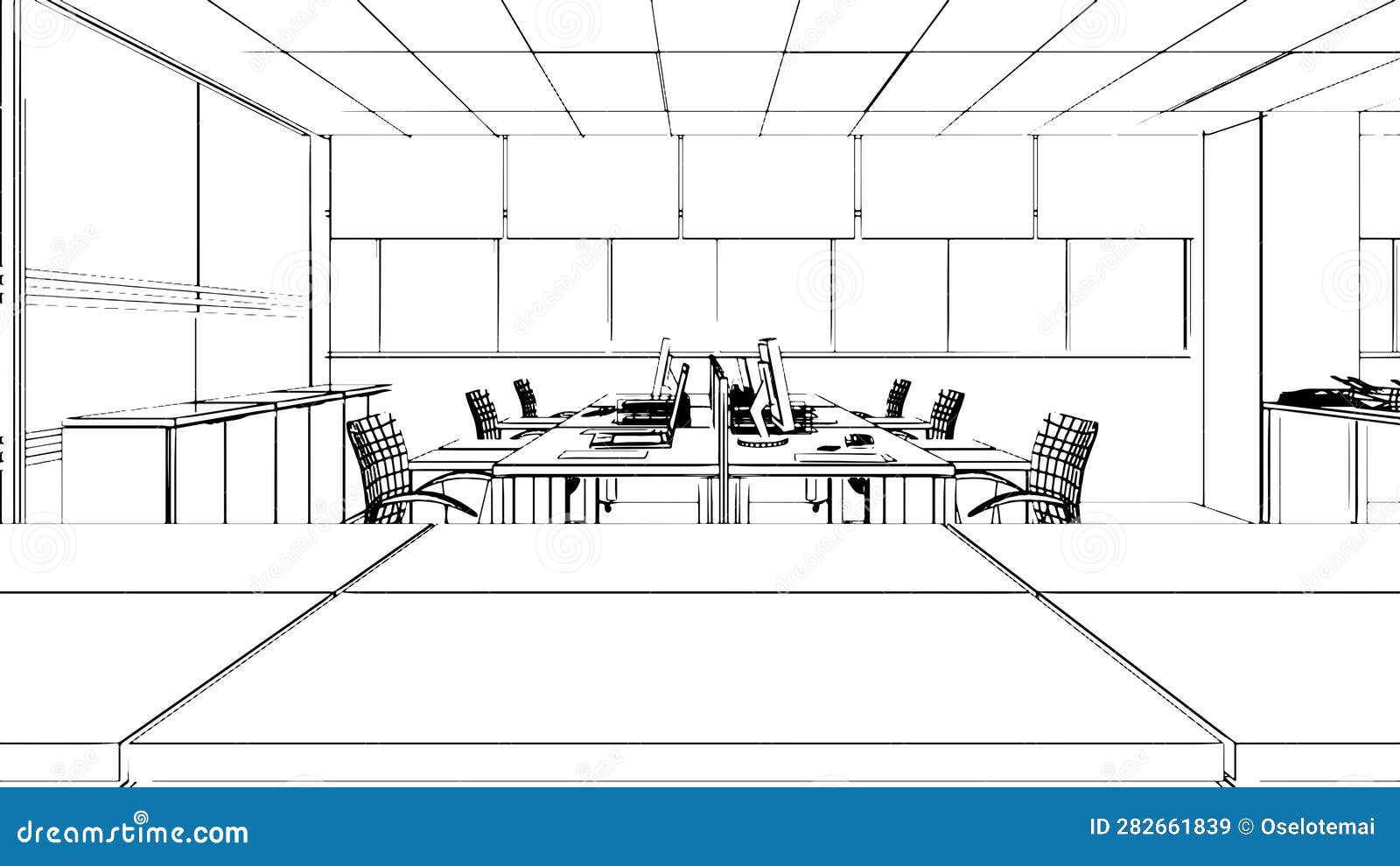 Huge Office Area,office Area for Document Work Line Drawings,3d ...