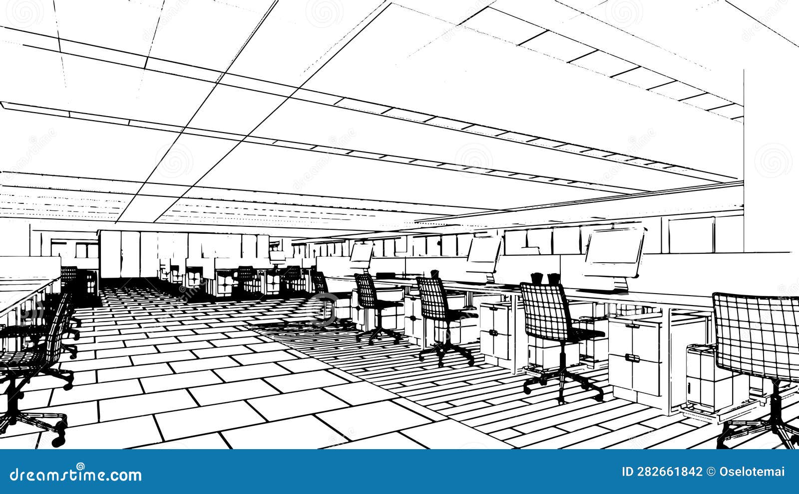 Huge Office Area,office Area for Document Work Line Drawings,3d ...