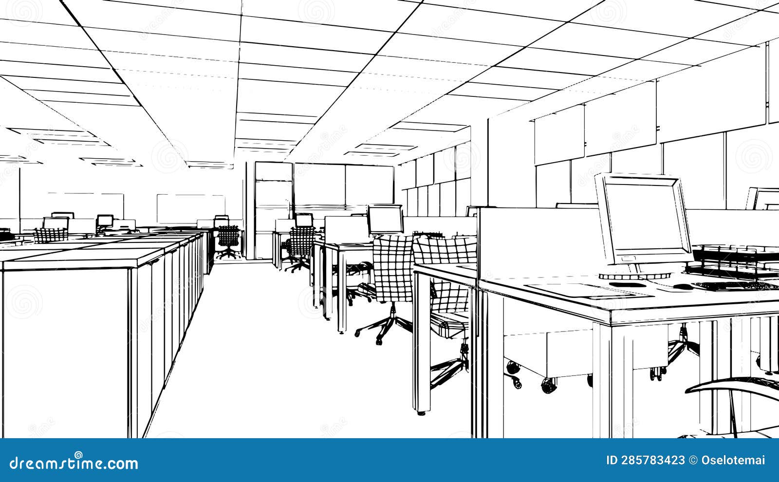 Huge Office Area,office Area for Document Work Line Drawings,3d ...