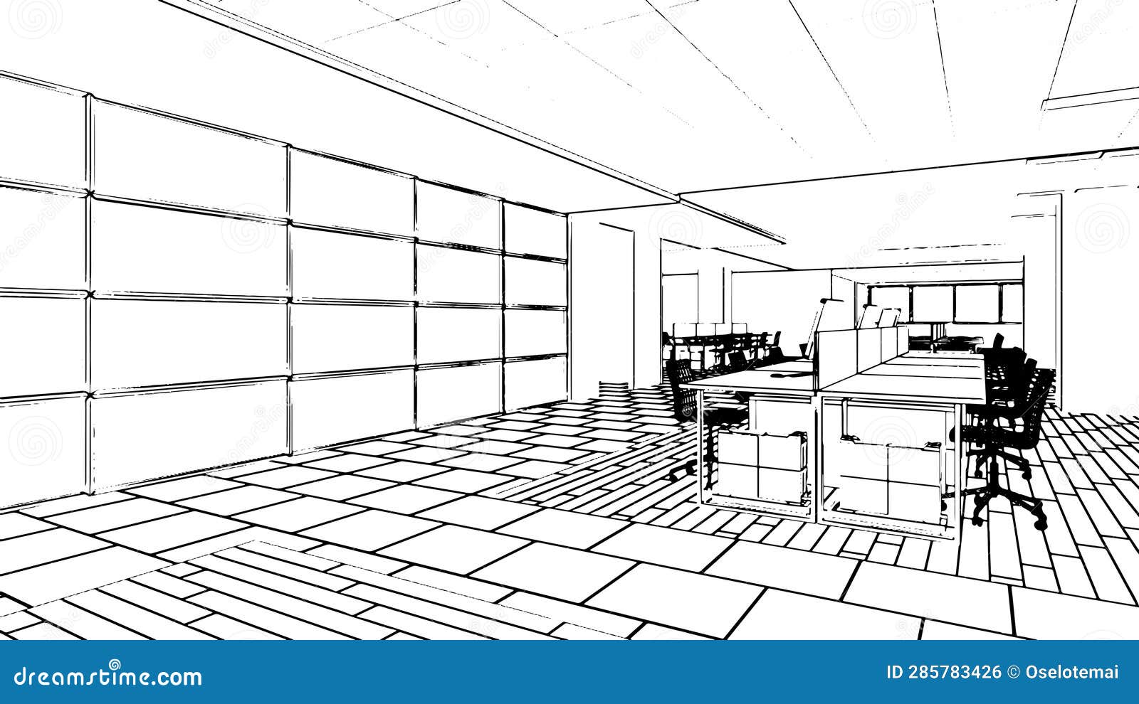 Huge Office Area,office Area for Document Work Line Drawings,3d ...
