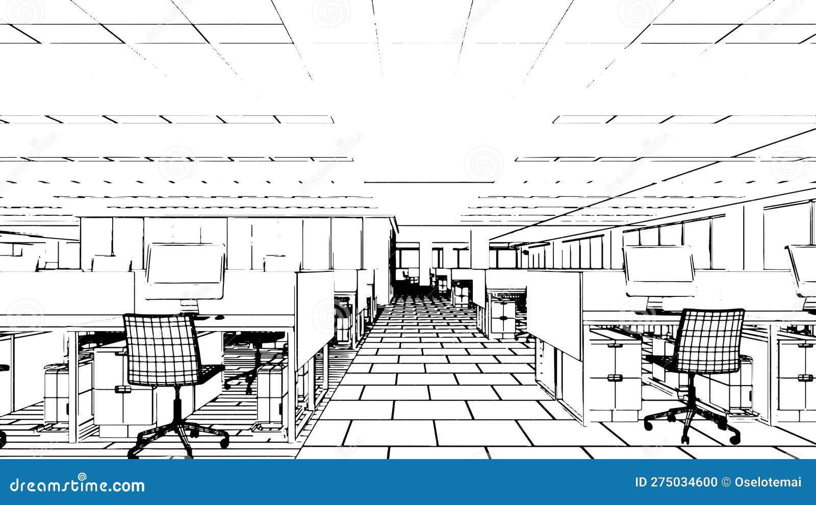 Huge Office Area,office Area for Document Work Line Drawings,3d ...