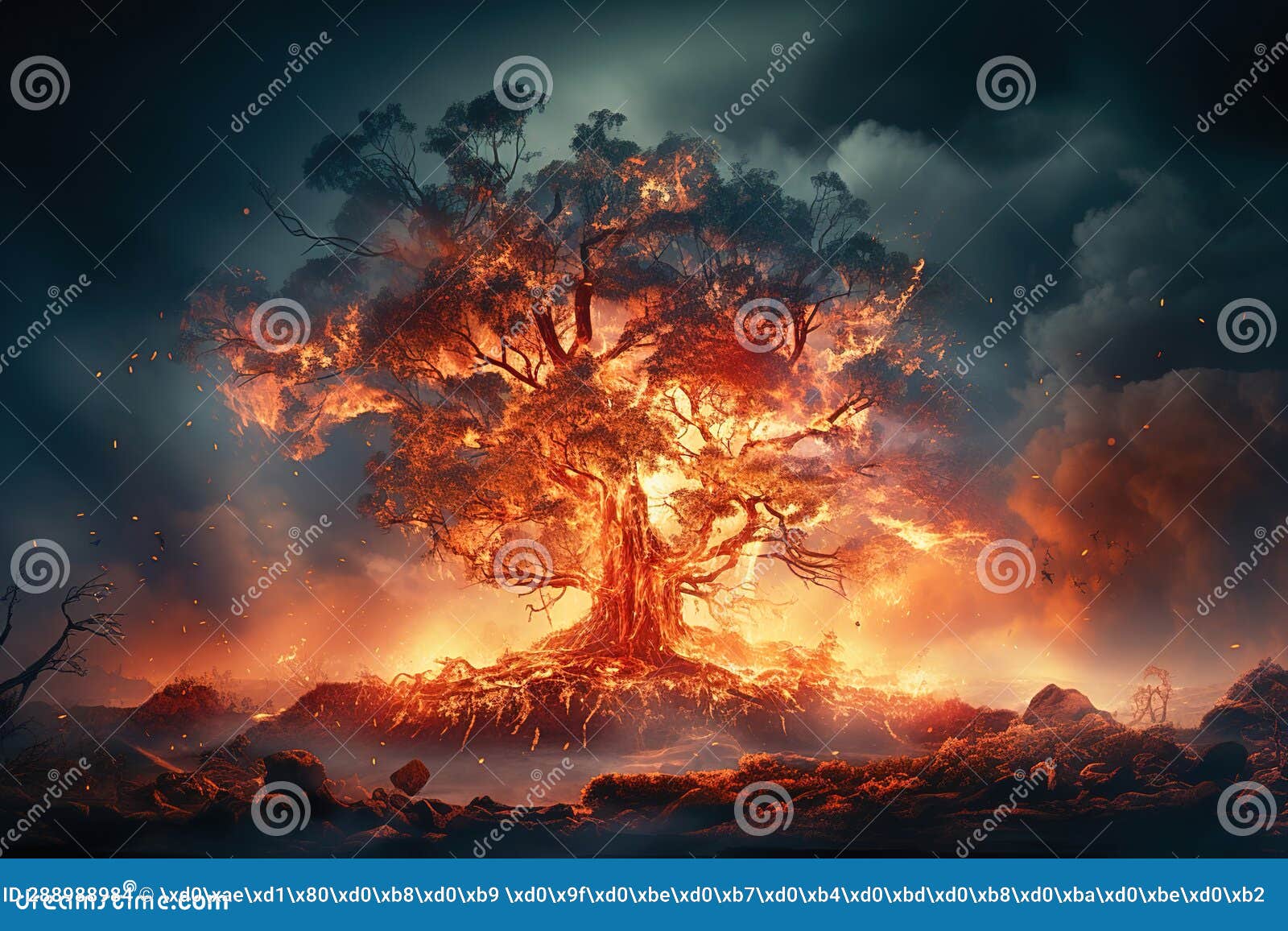 A Huge Old Tree is Burning, Damaged by Wildfires. Stock Photo - Image ...
