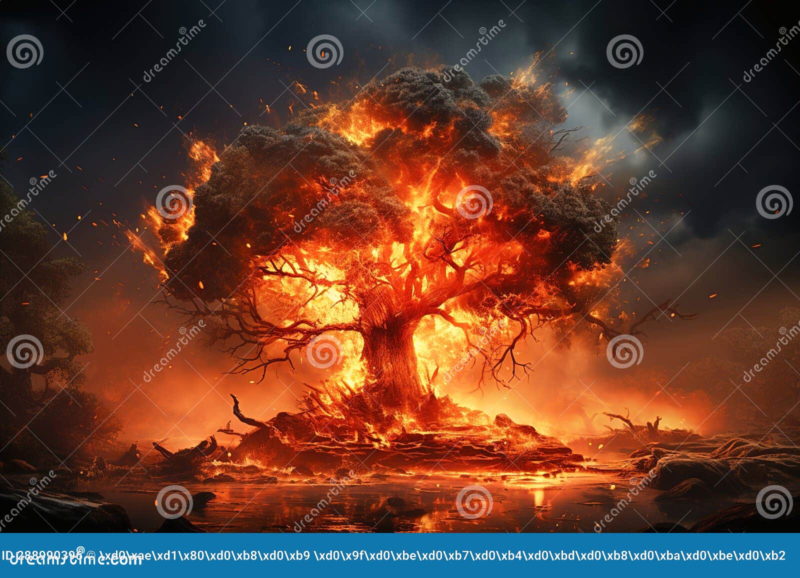 A Huge Old Tree is Burning, Damaged by Wildfires. Stock Photo - Image ...