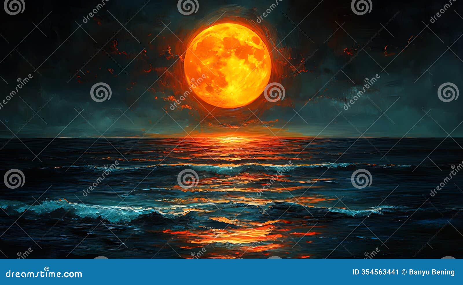 Huge Orange Moon Rising Over Dark Ocean Waves at Night Stock ...