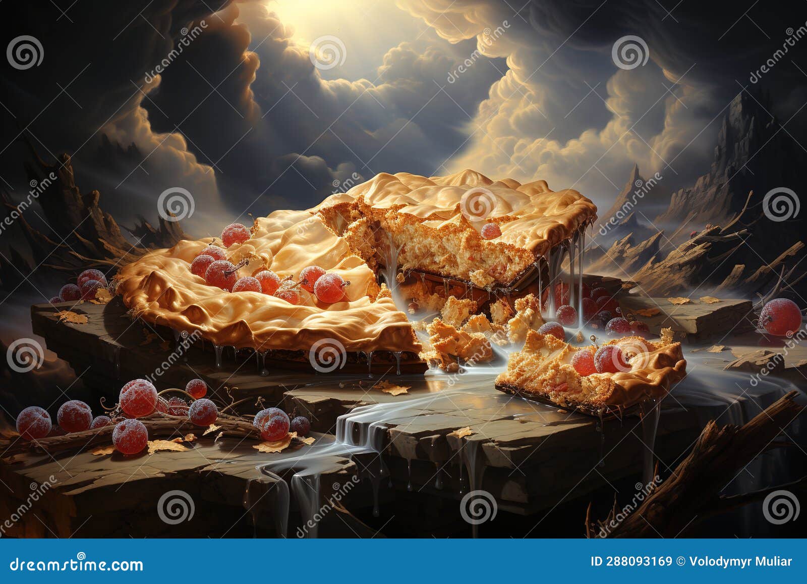 A Huge Pie among the Rocks and Dramatic Sky. Advertising of the Pie ...