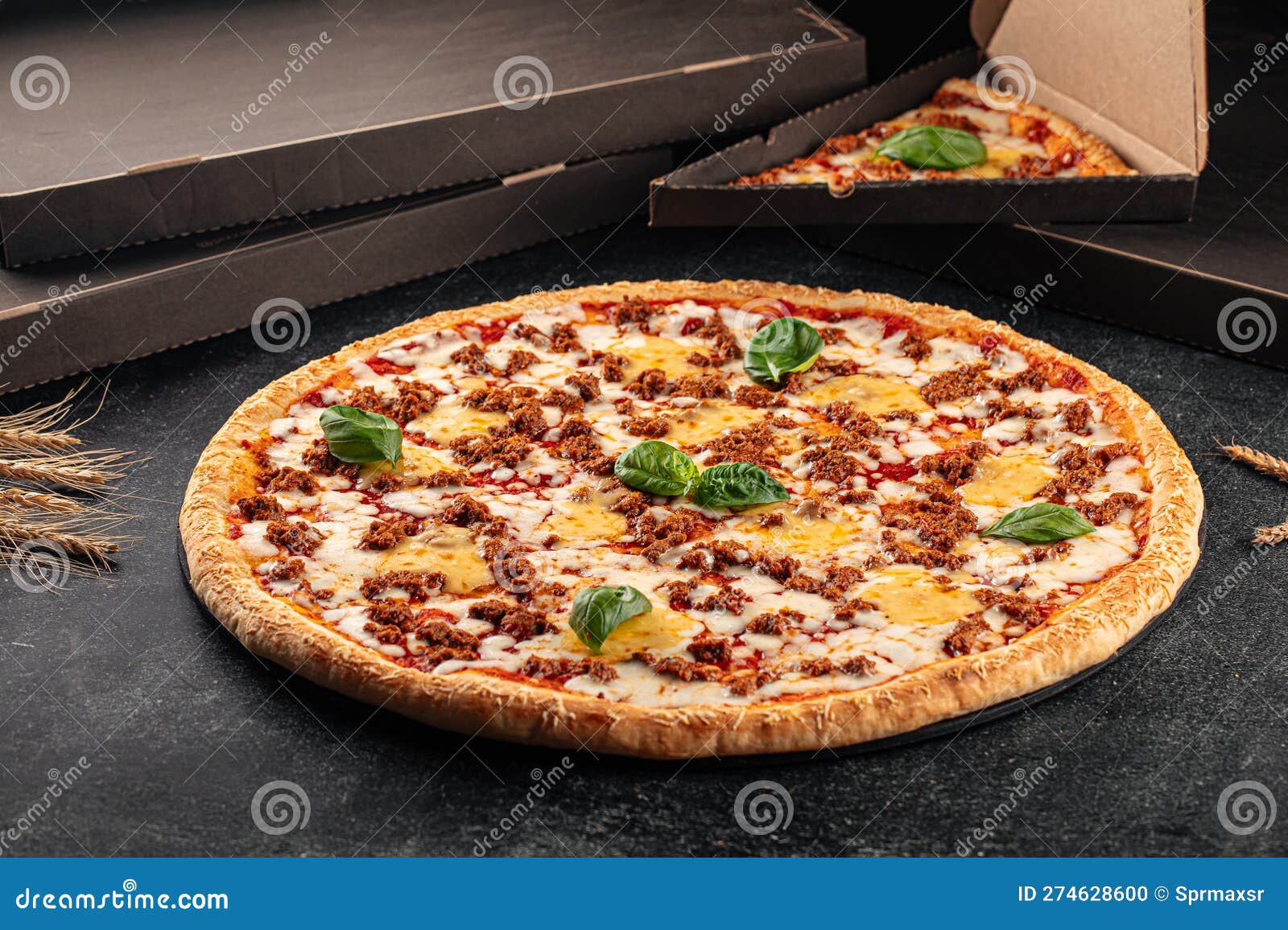 Huge Pizza with Cheddar Cheese and Minced Beef Stock Photo - Image of ...