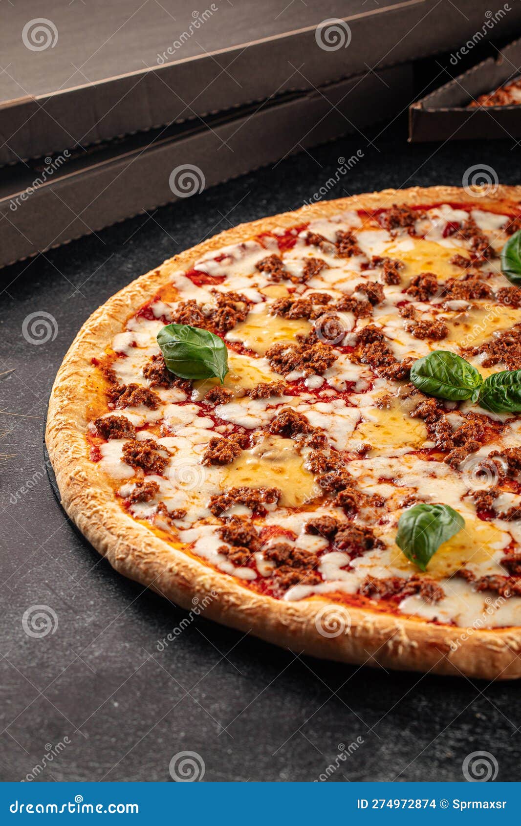 Huge Pizza with Cheddar Cheese and Minced Beef Stock Photo - Image of ...