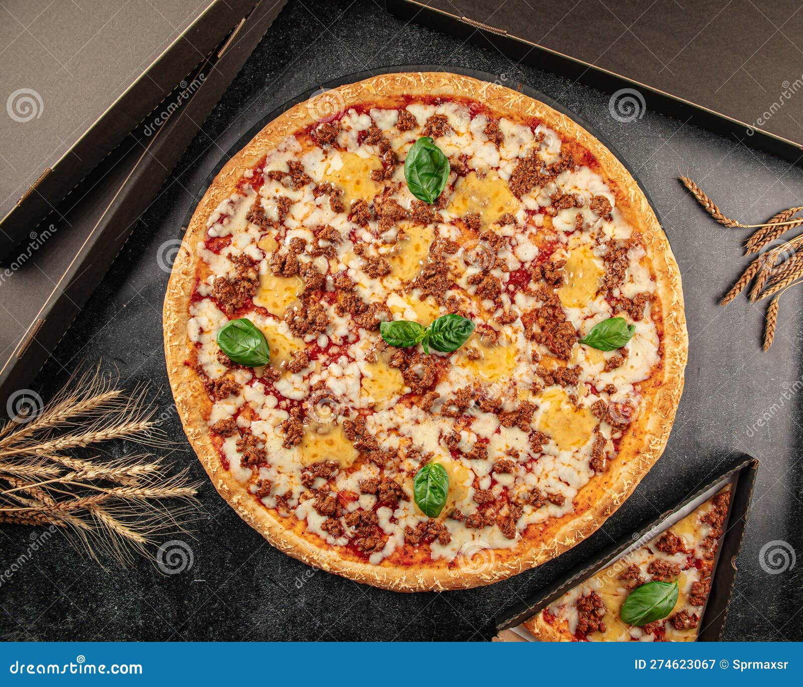 Huge Pizza with Cheddar Cheese and Minced Beef Stock Image - Image of ...