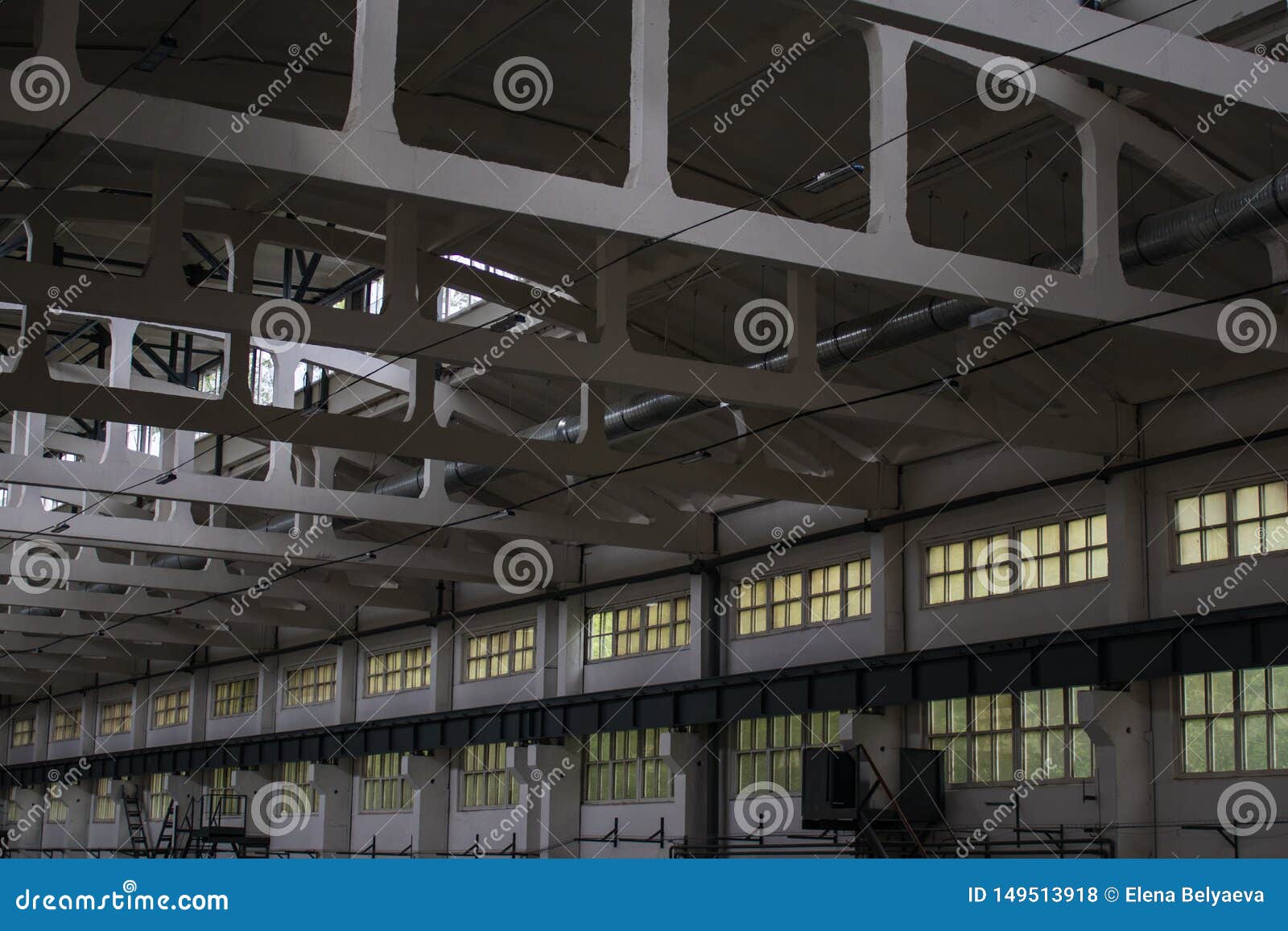 Huge , Production Room with Windows and Beams , Side View Stock Photo ...