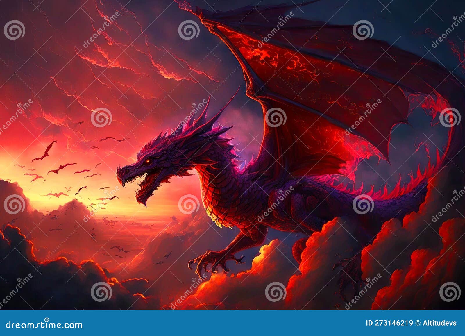 Huge Red Dragons Flapping Its Wings among Clouds Stock Image - Image of ...