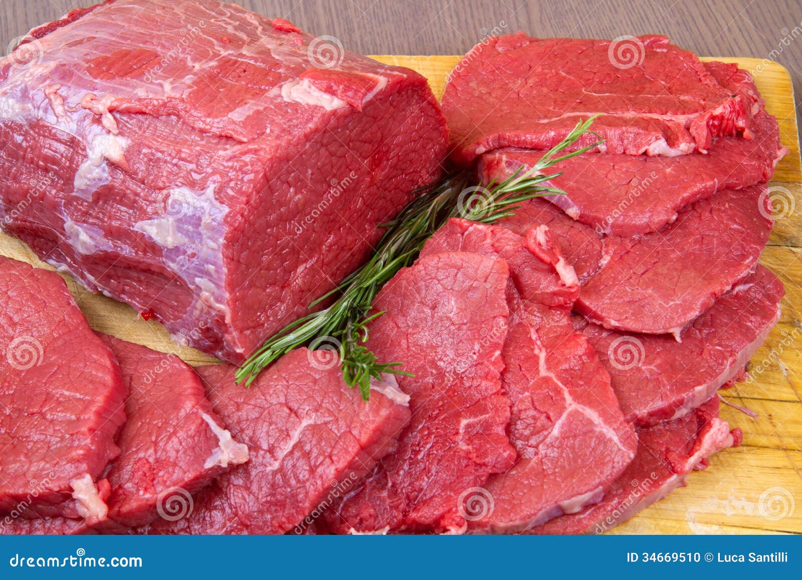 Huge Red Meat Chunk and Steak on Wood Table Stock Photo - Image of ...