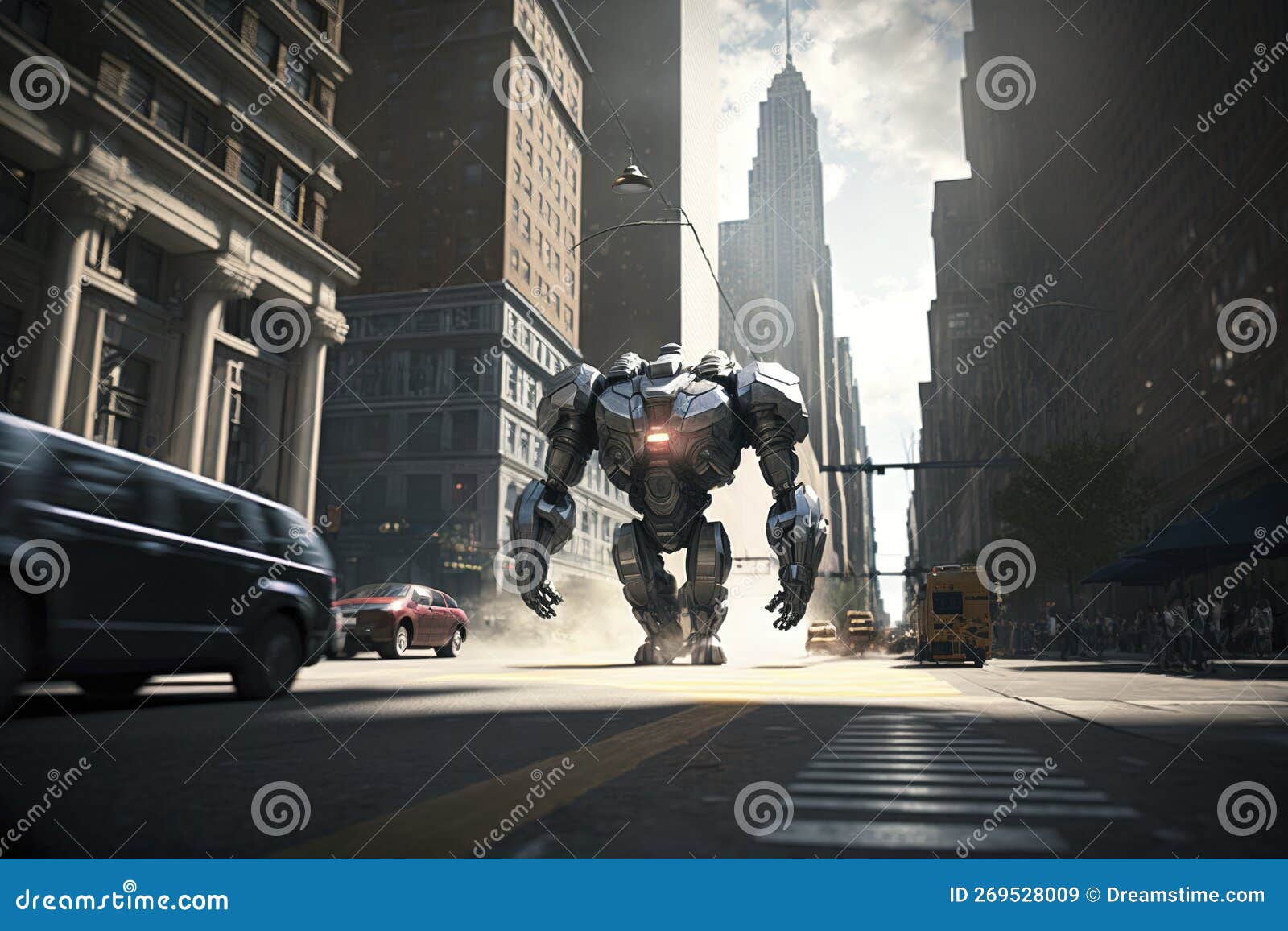 A Huge Robot Walks Down the Street of New York.Generative AI Stock ...