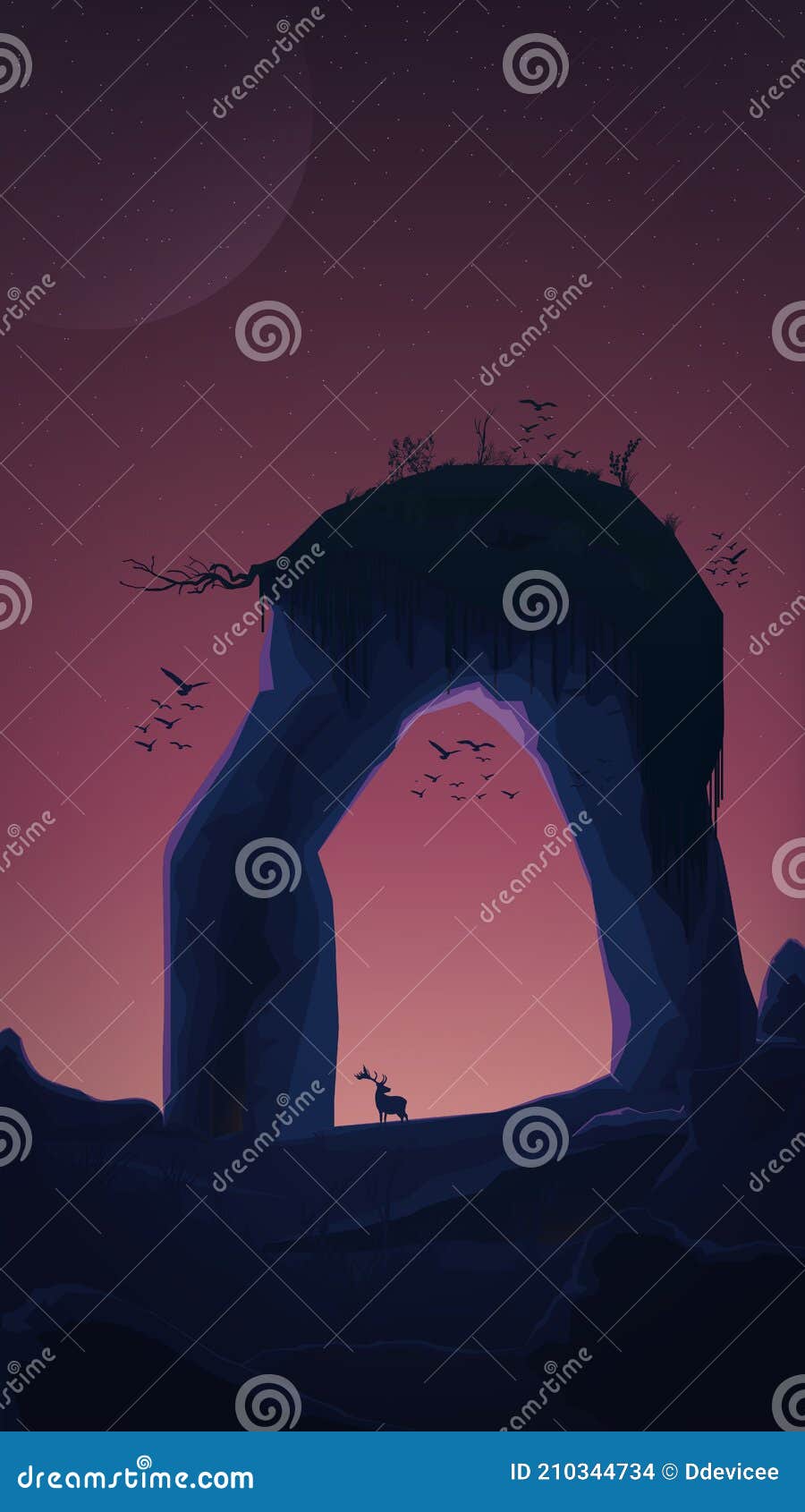 A Huge Rock in the Shape of an Arch with Grass on Top, Birds, Sunset ...